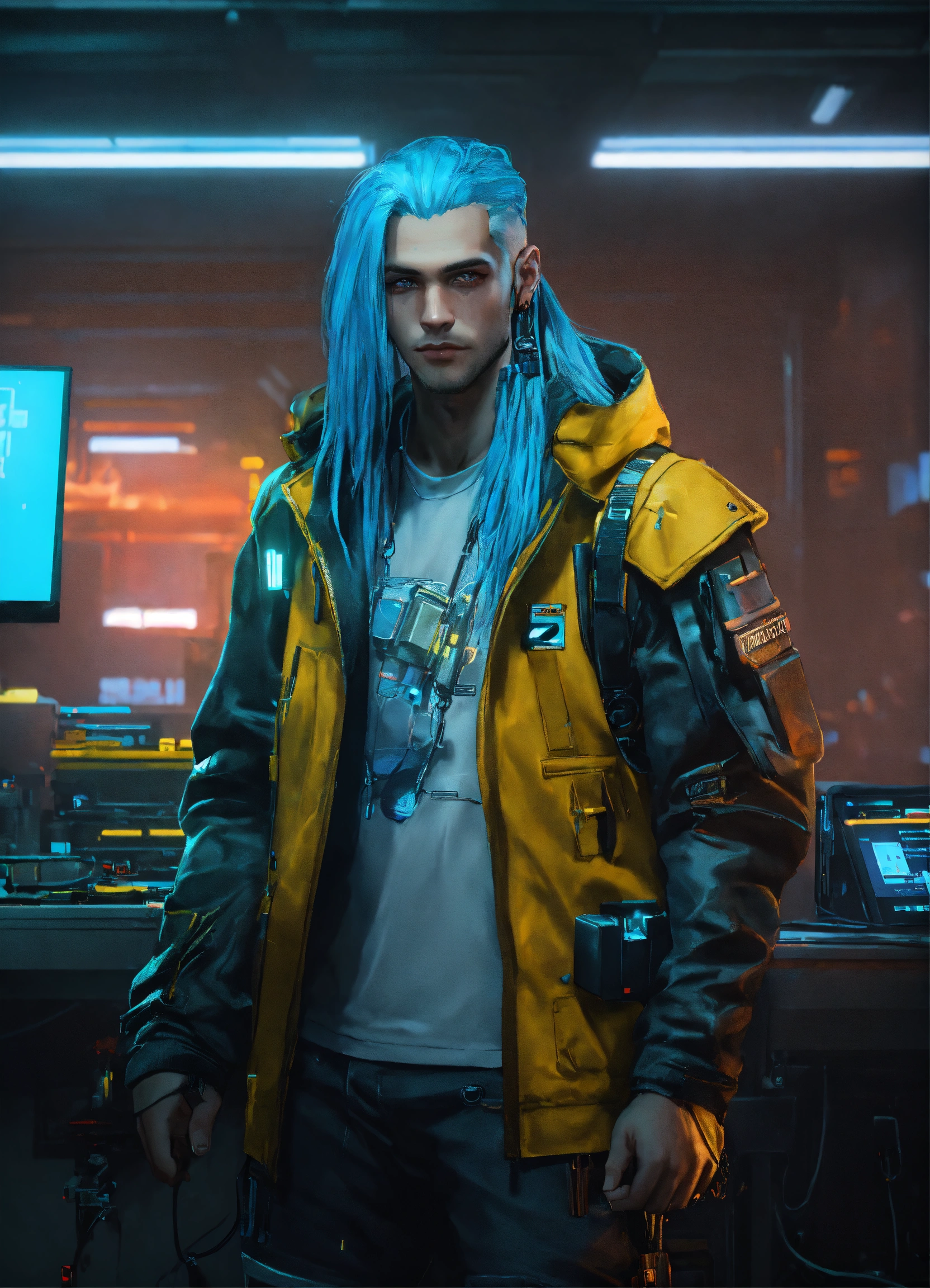 Lexica - Male Cyberpunk college student lab tech, with long blue hair, attractive but not that ...