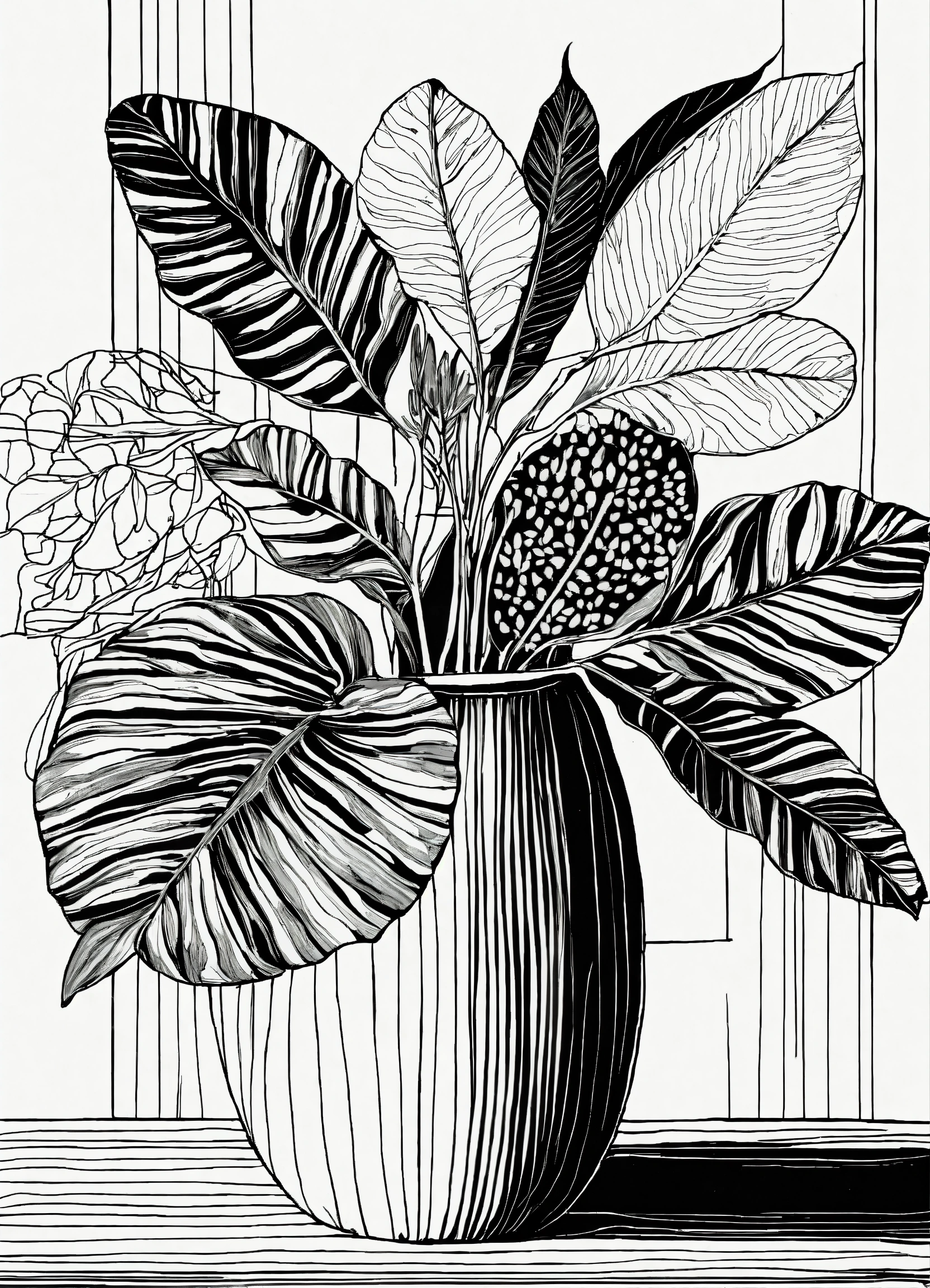 Lexica - Black and white bold line drawing, botanical illustration in ...