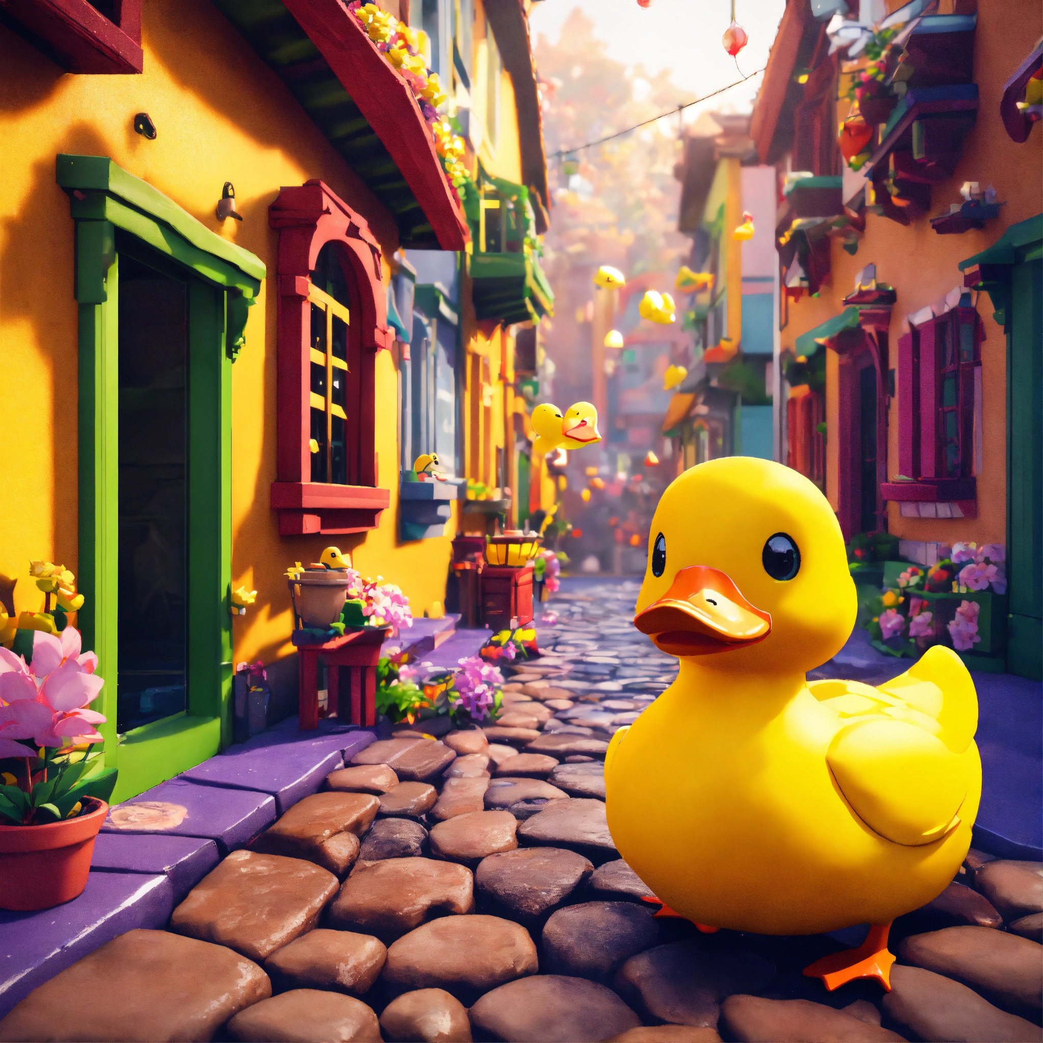 Lexica - A cute yellow cube duck in a colourful foreign town full of ...