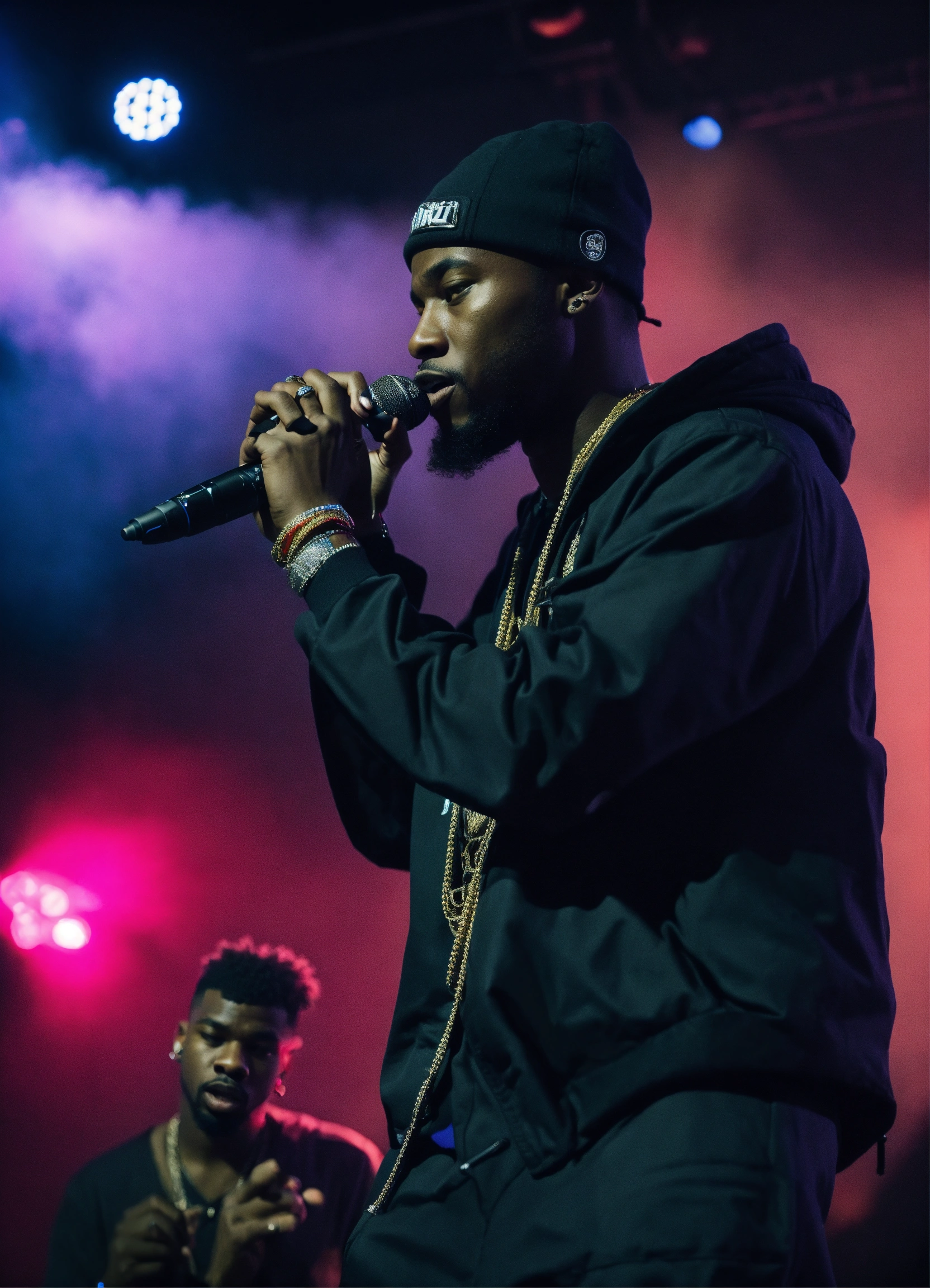 Lexica - Rappeur habillé toute en noir sur une scène de concert devant ...