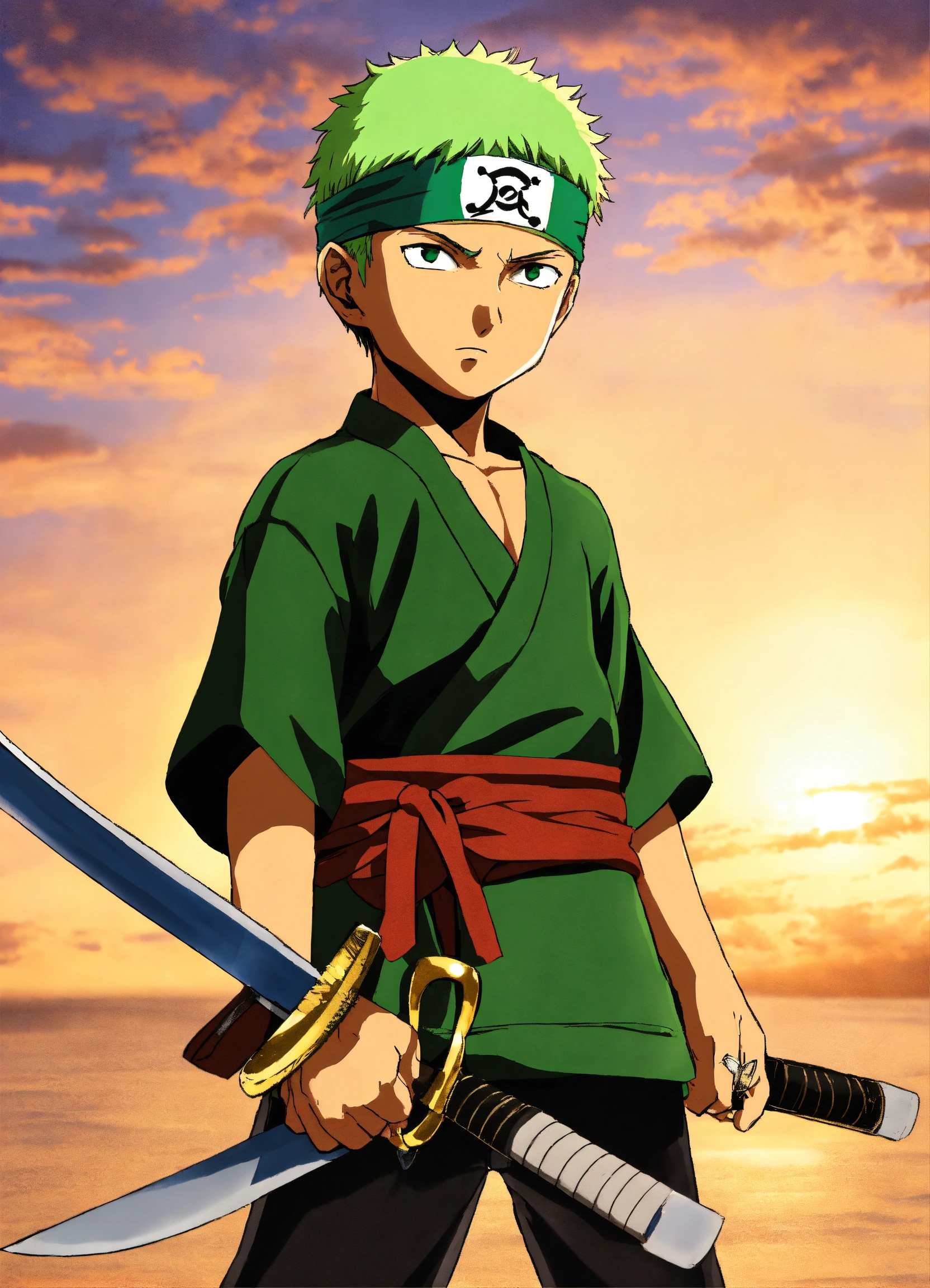 Lexica - Image of roronoa zoro child with his bandana and two swords