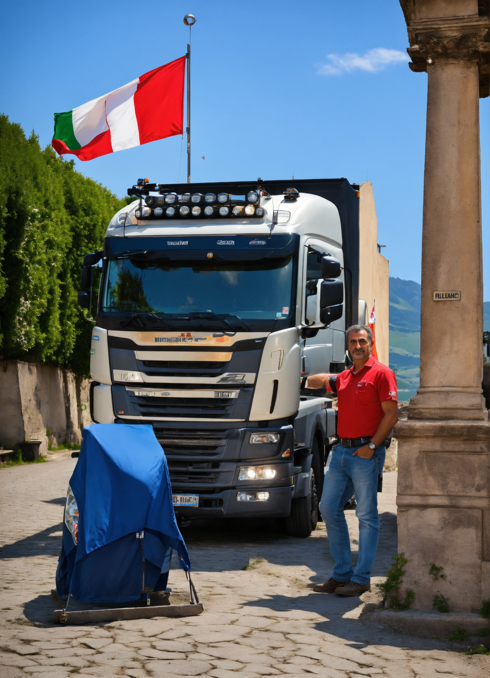 Lexica - Italia truck driver with typical monument around and the flag