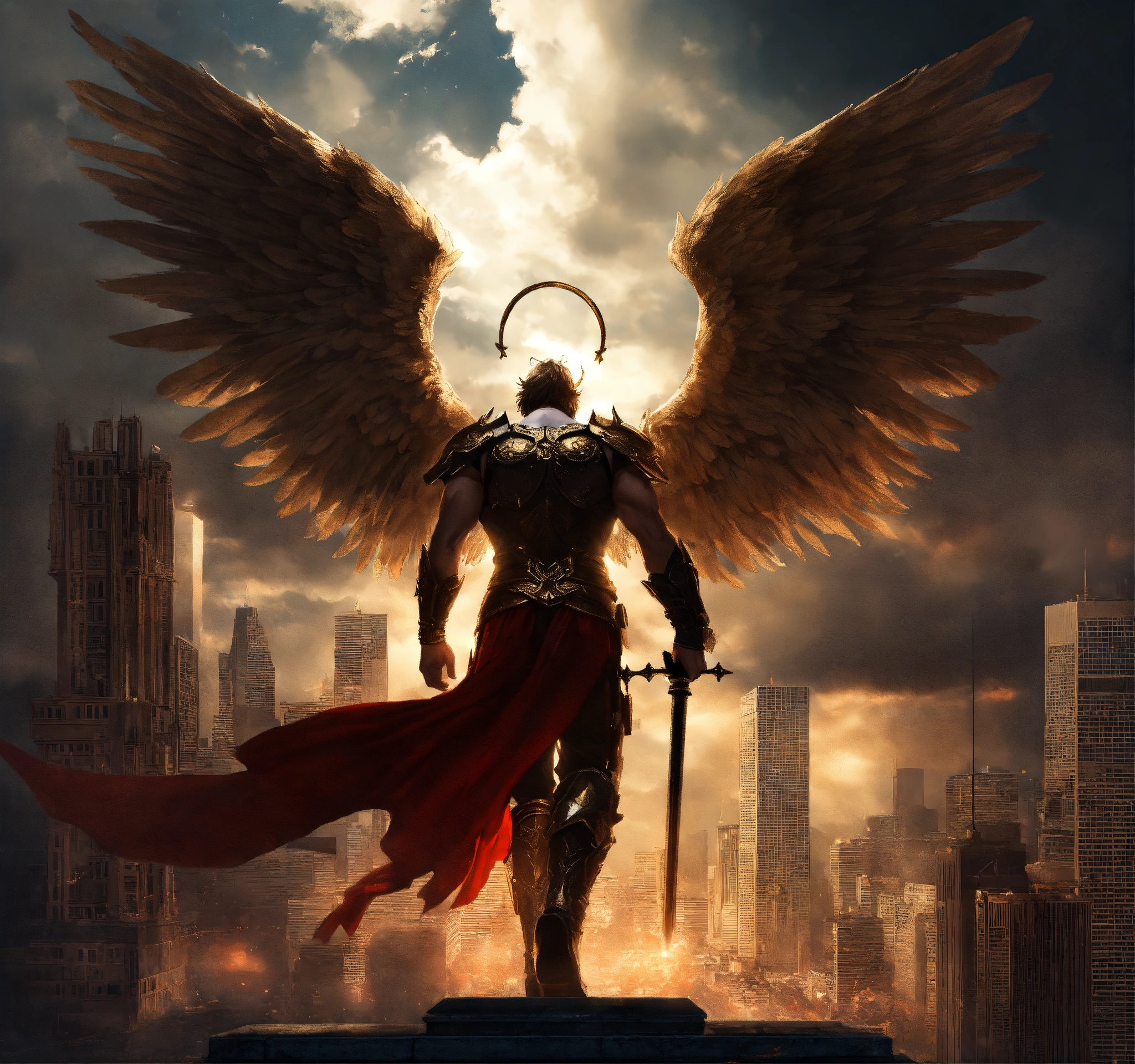 Lexica - An angel stands above a city, his left side ist evil with a ...