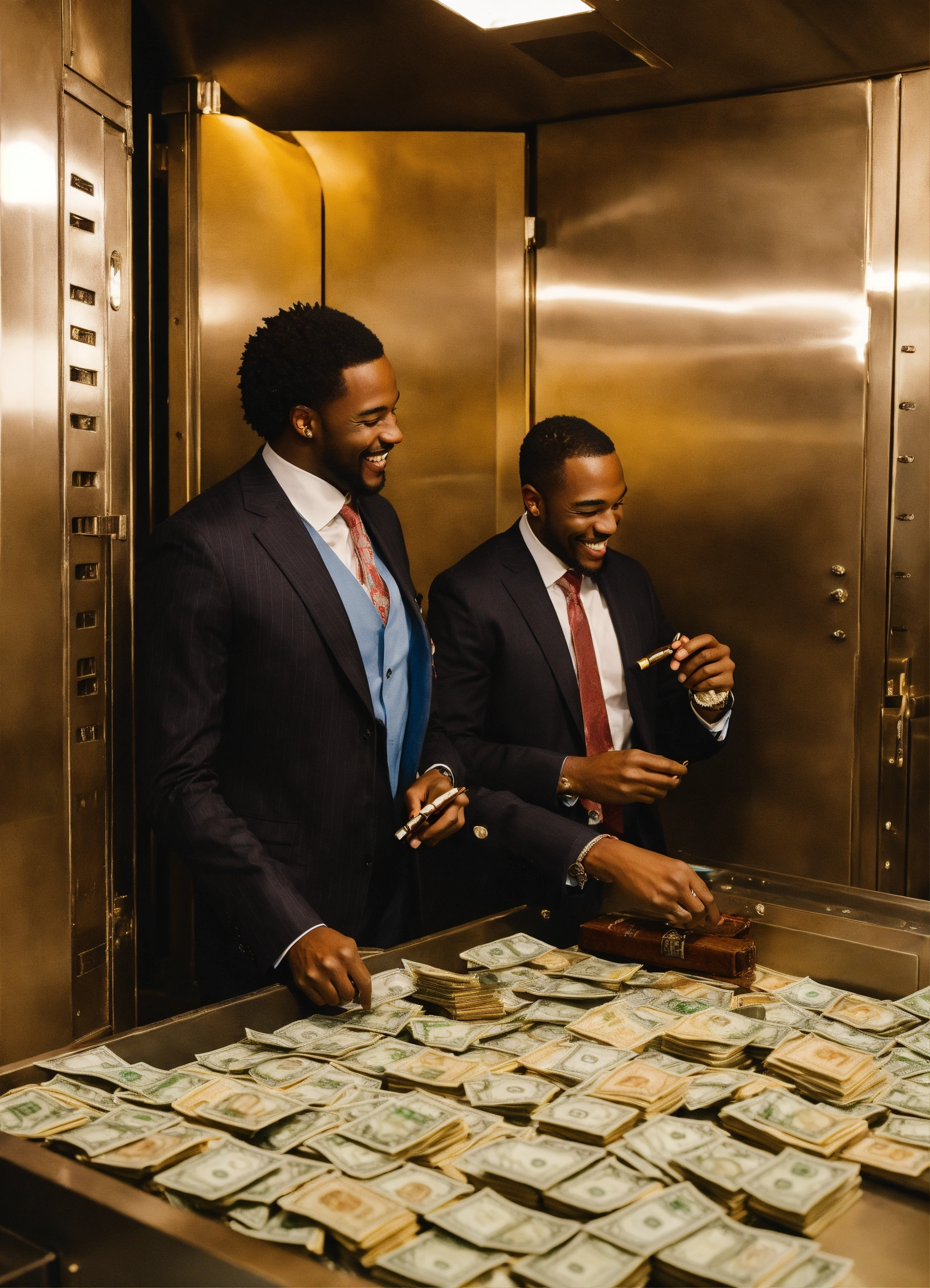 Lexica - Black Men smile counting money and smoking cigar inside a bank ...