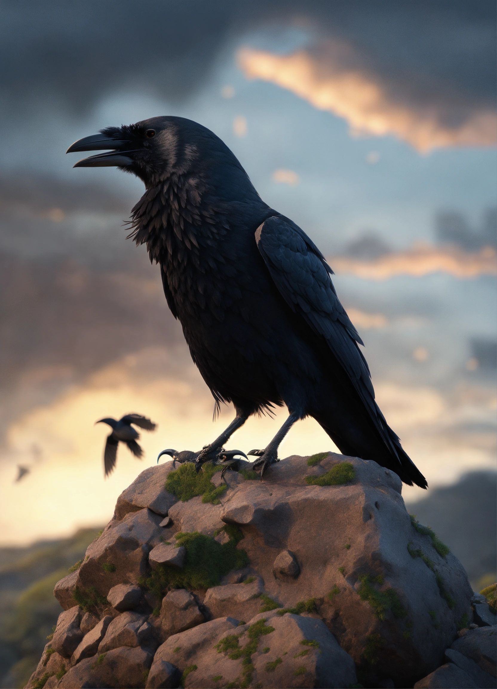 Lexica - Generate an image of the crow colliding with the rock and his ...