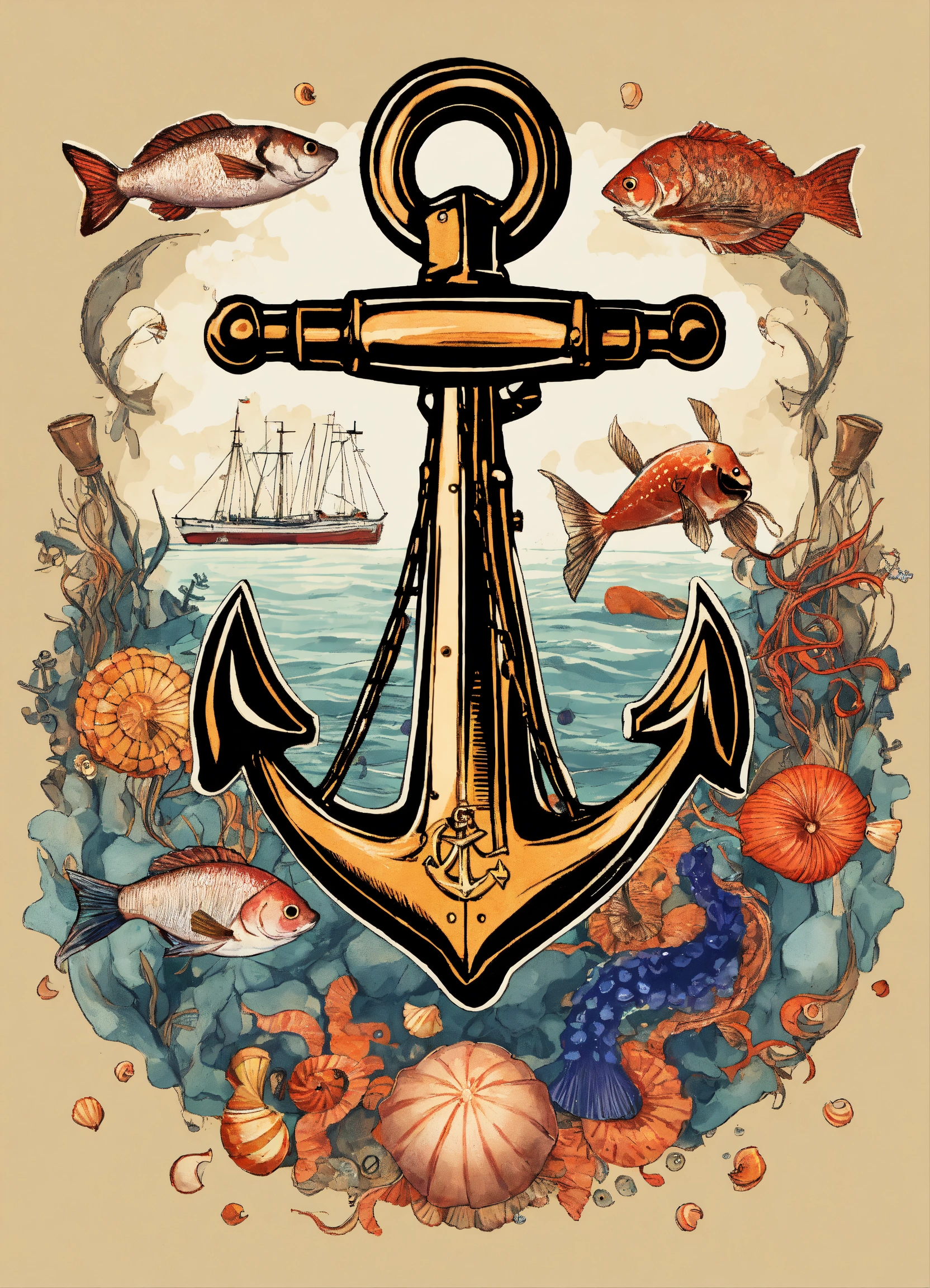 Lexica - T-shirt design, nautical theme, anchor in center, small fishes ...