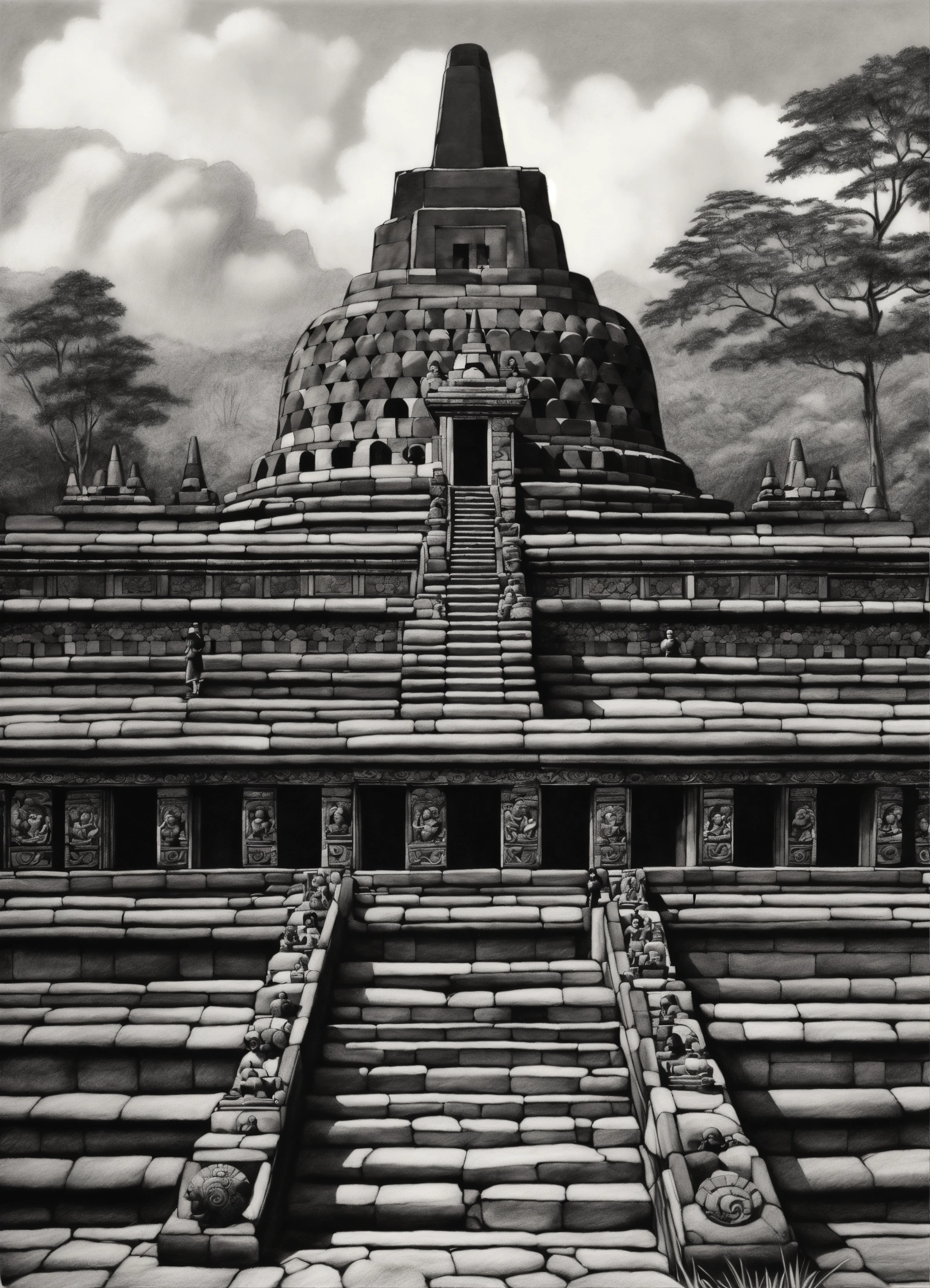 Lexica - Borobudur temple, pencil drawing, life like