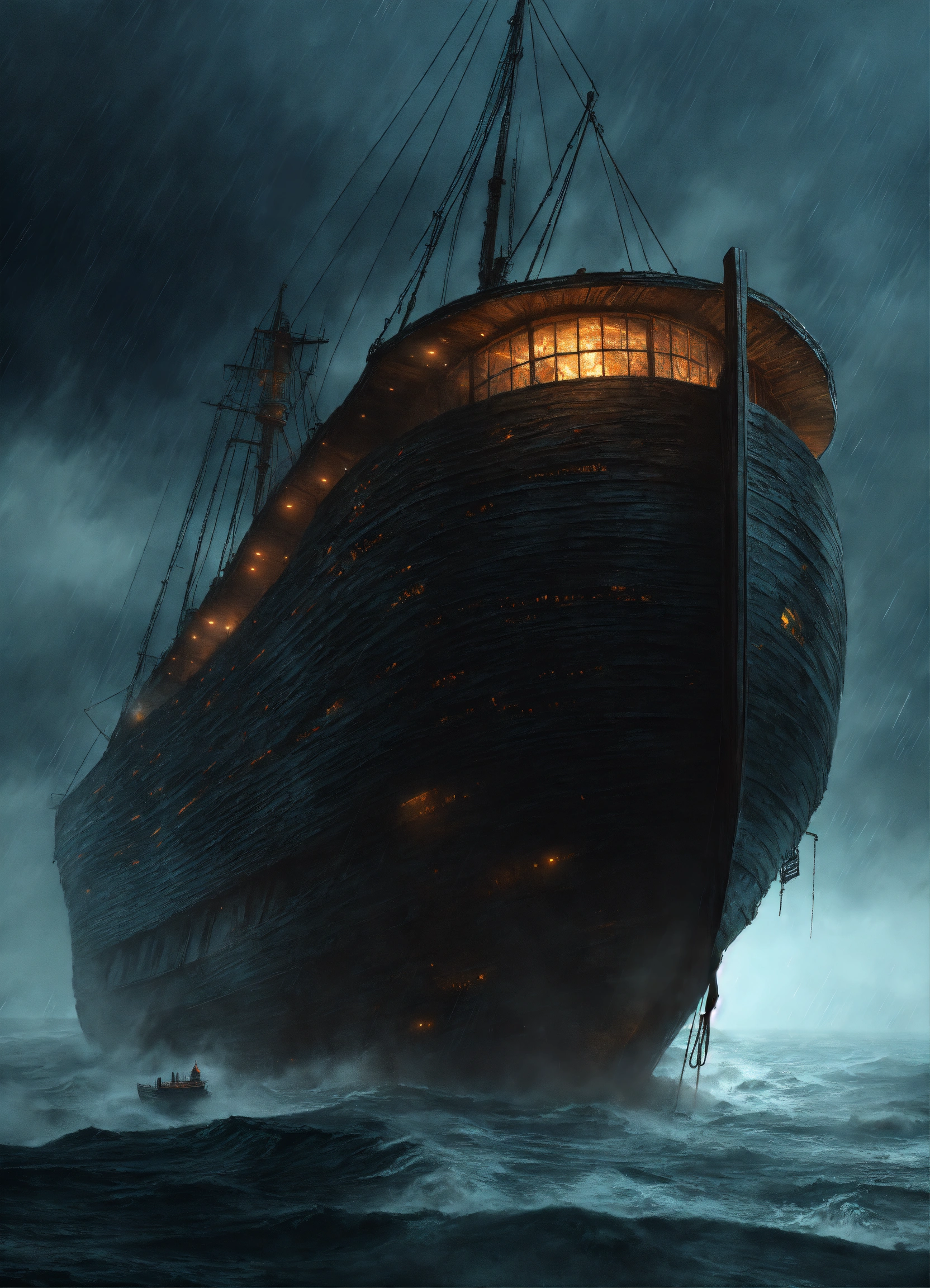 Lexica - Noah's ark rectangular shape ship, in a terrible storm, dense ...