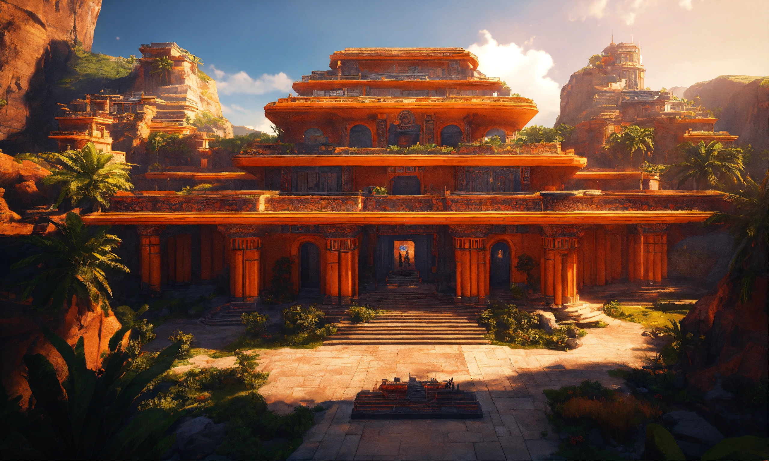 Lexica - Full image of a massive orange Aztec sci fi palace with a navy ...