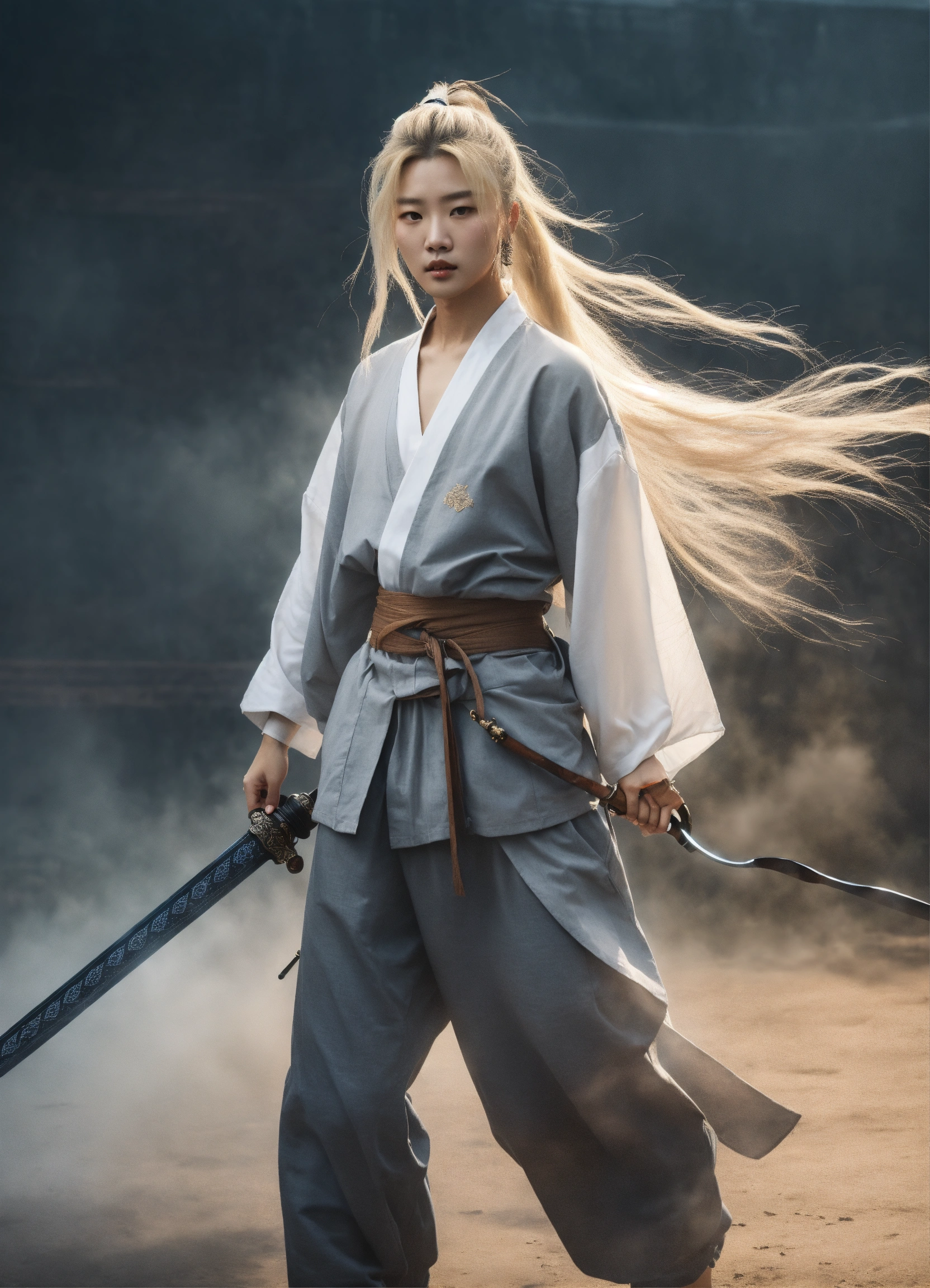 Lexica - Hwang Hyunjin carrying a shadow sword through the mist ...