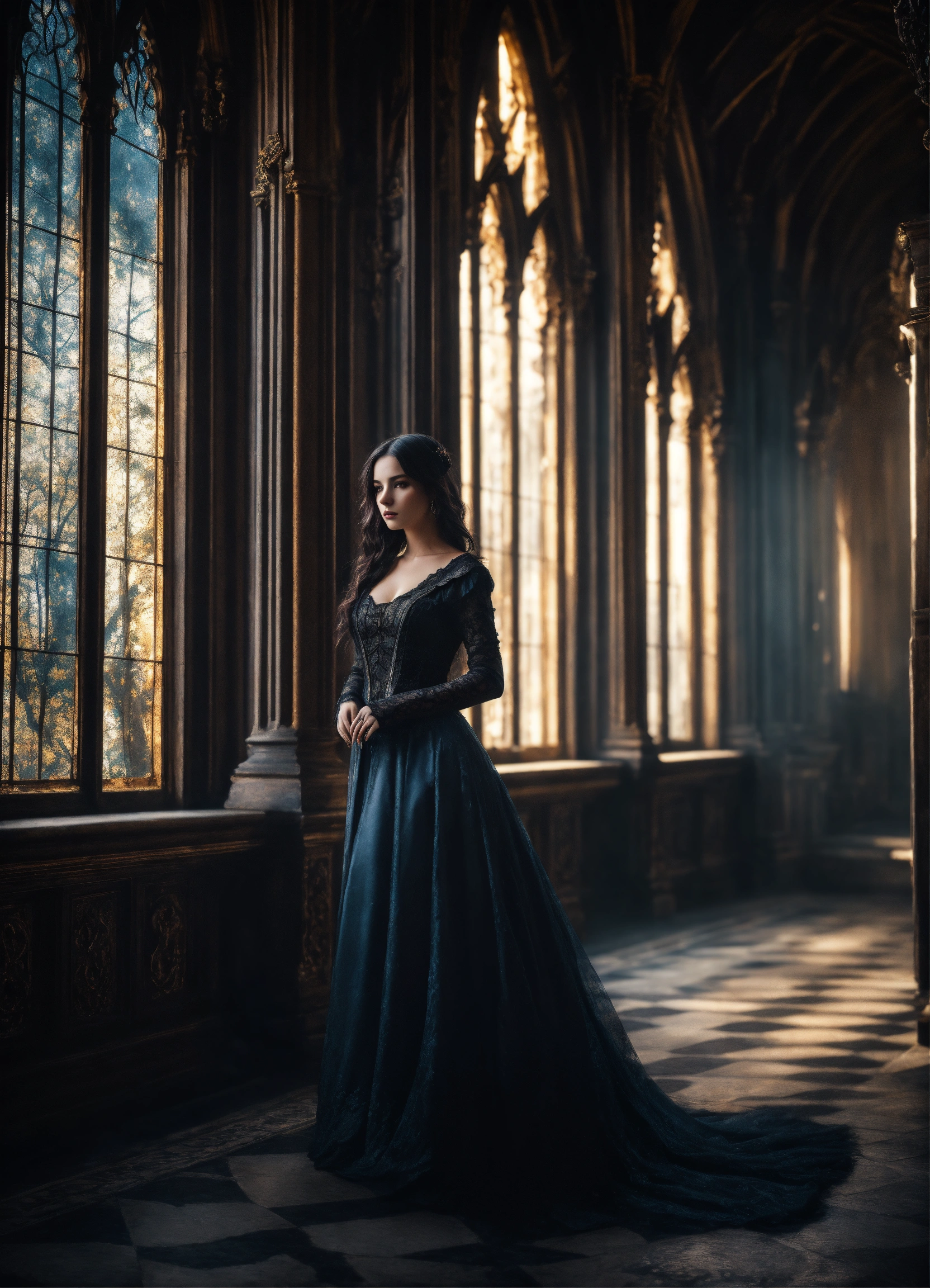 Lexica - Gorgeous dark haired European girl standing in a gothic castle ...