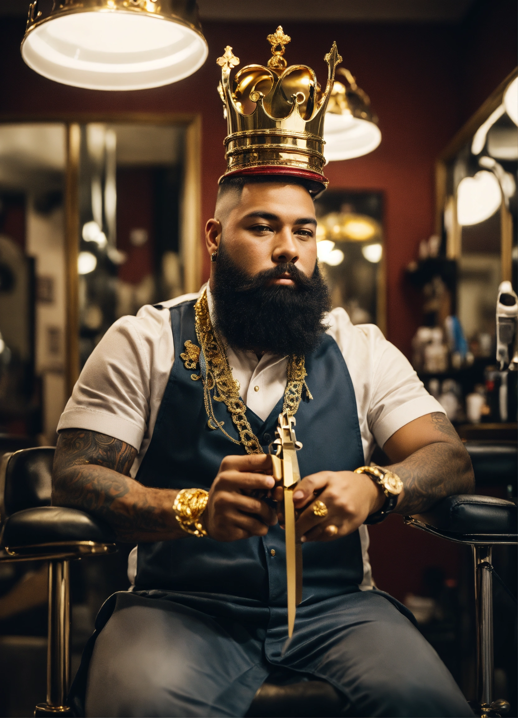 Lexica - A cool barberman with golden scissor and golden crown over his ...