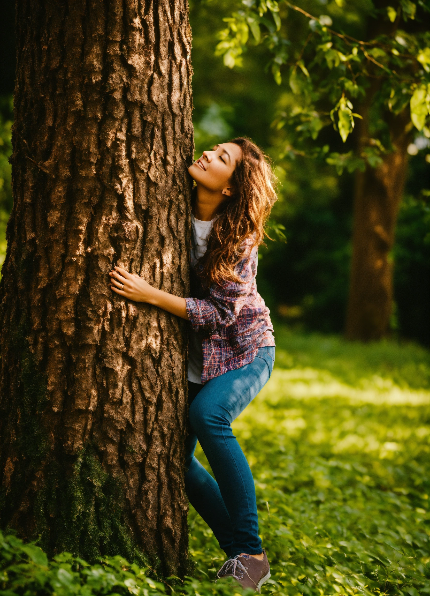 Lexica - A person hugging a tree, while looking up. excited