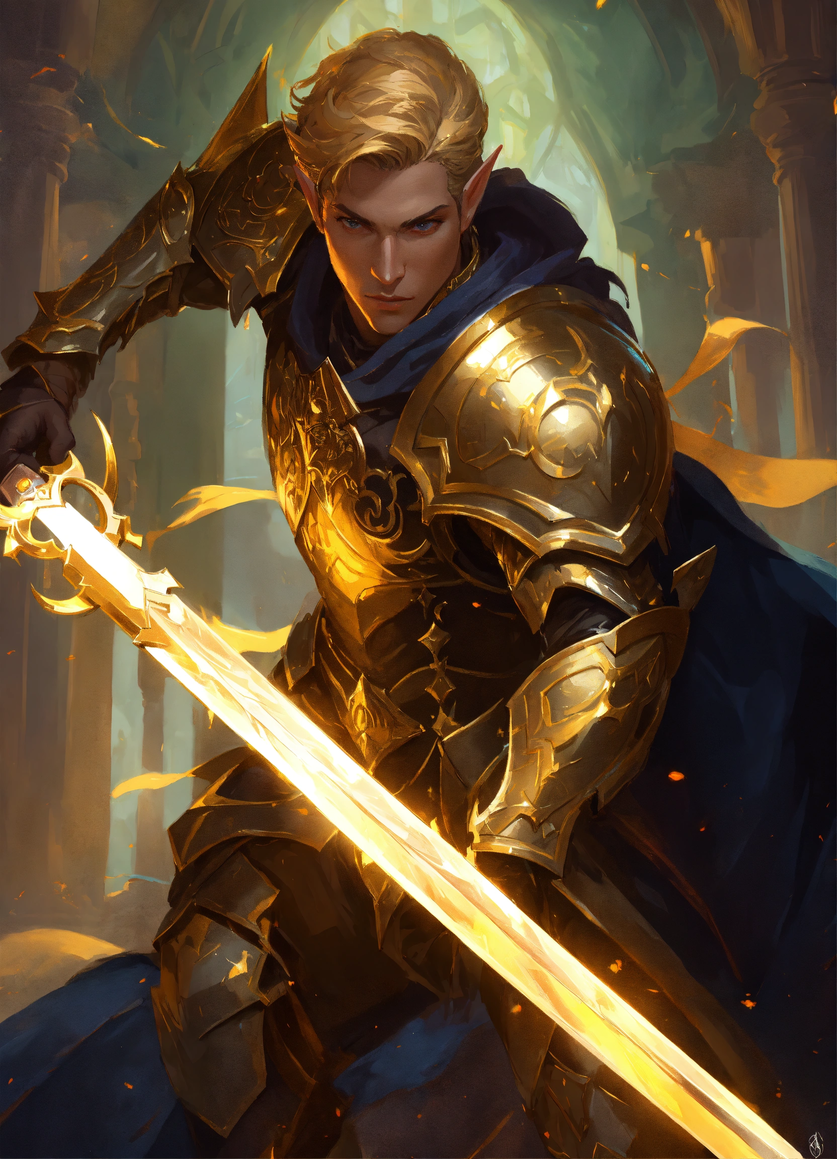 Lexica - Male elf paladin with golden skin in heavy magical dark black ...