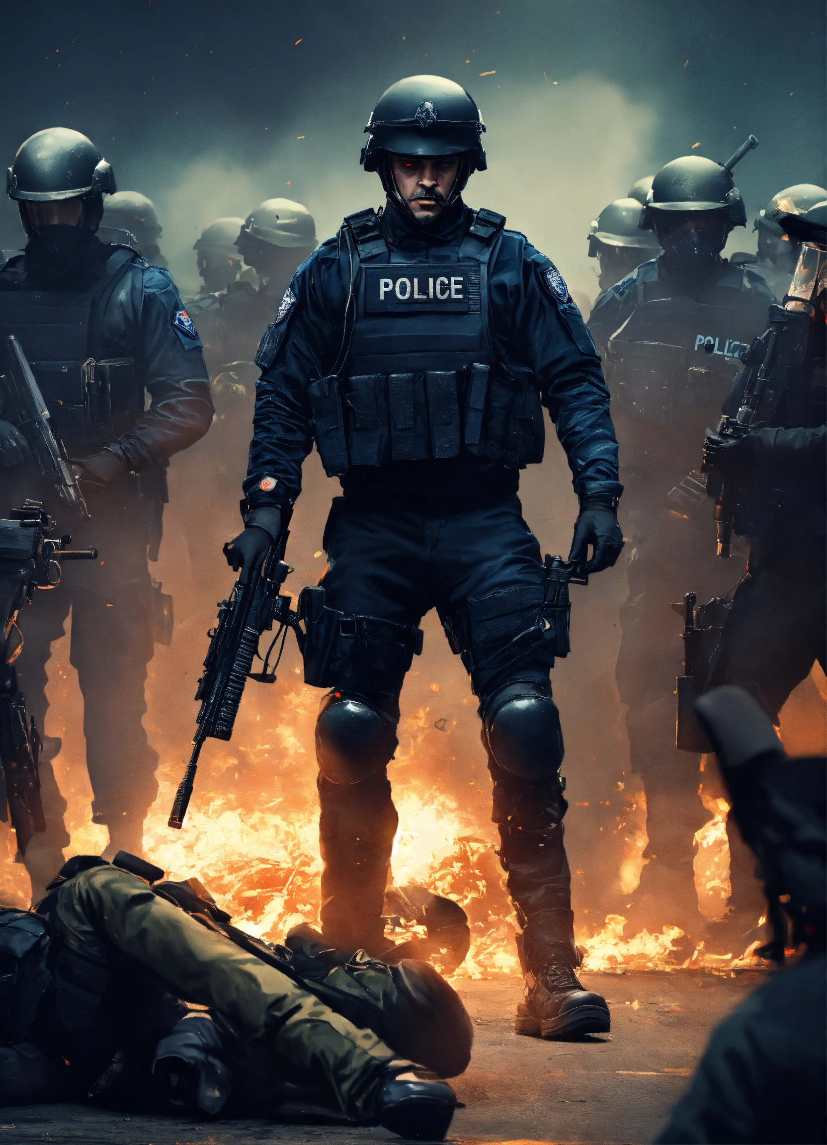 Lexica - Evil demonic Militarized police at a protest, chaotic scene ...