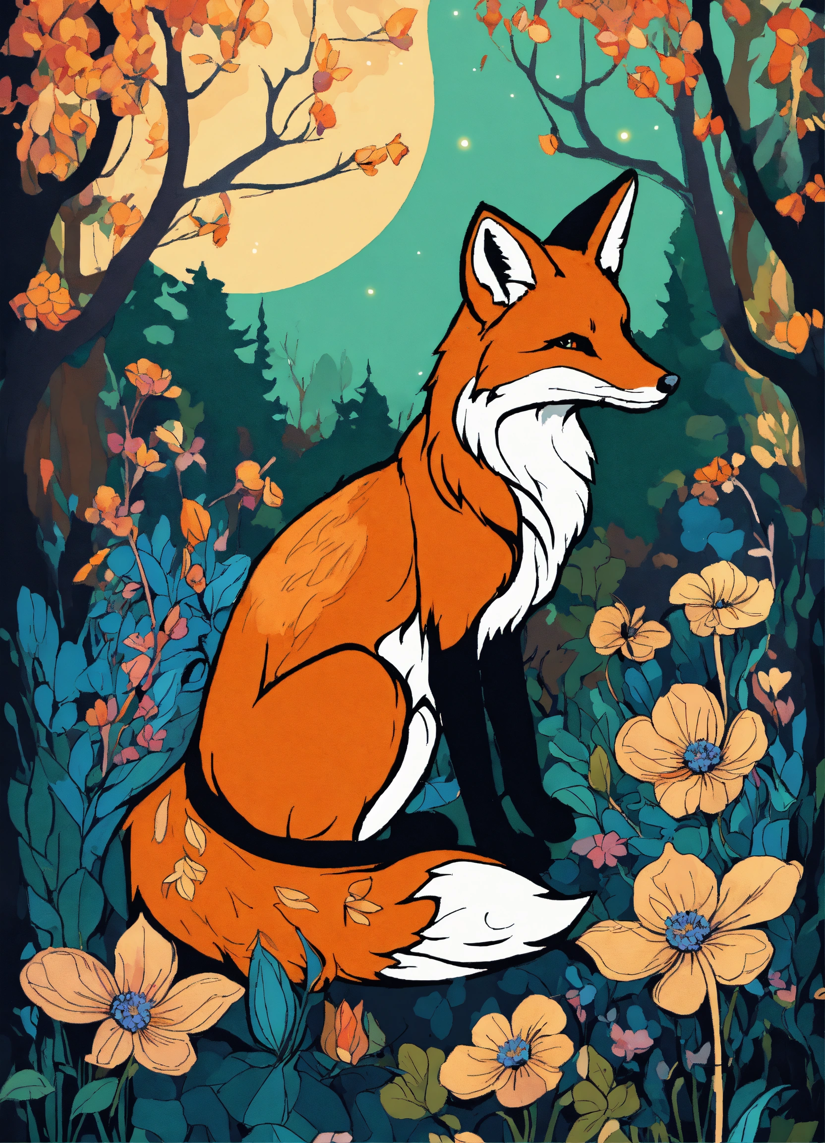 Lexica - Art nouveau oil-painting, fox with in a forest at night with ...