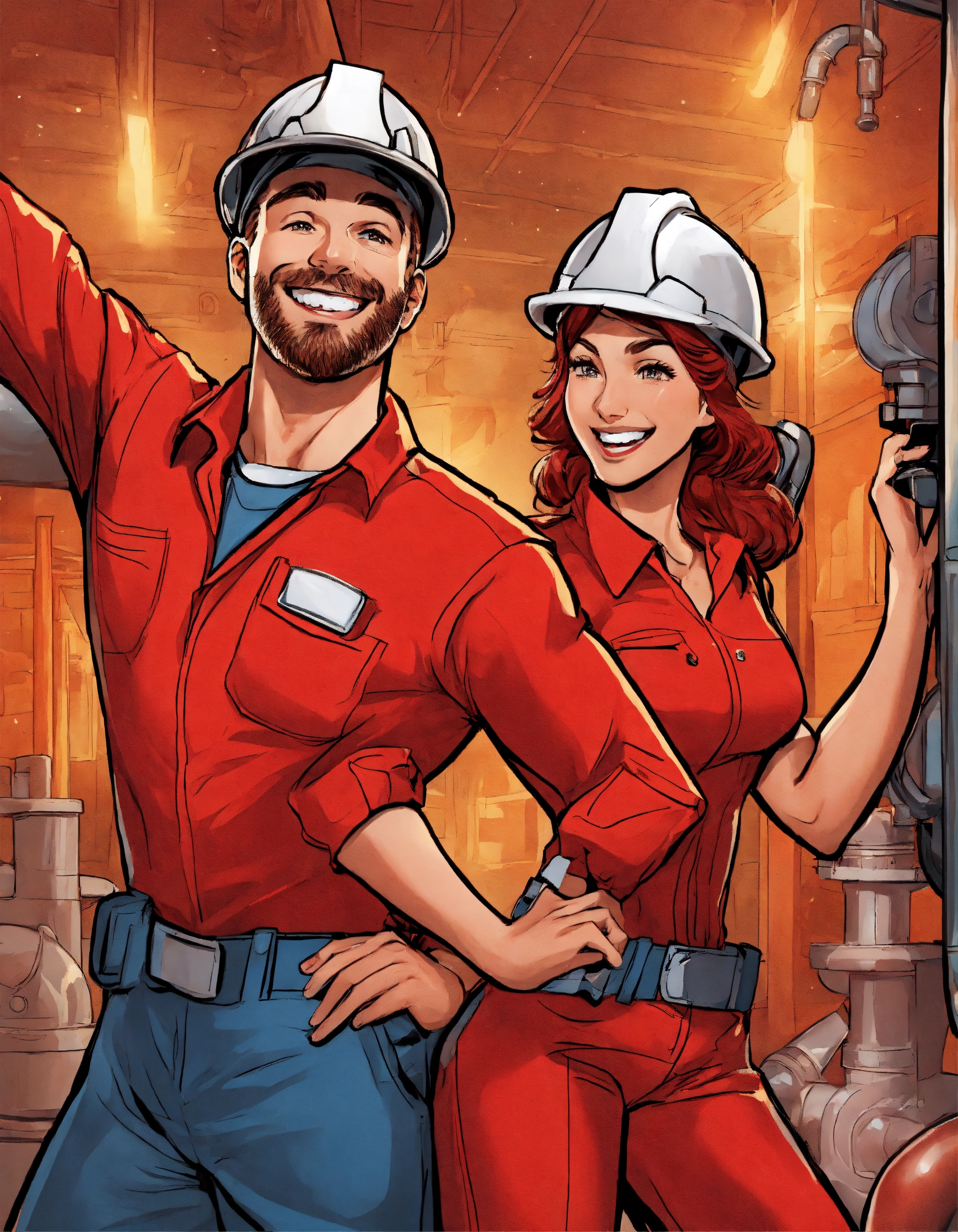 Lexica - Close up of two heroic plumbers in a red outfit and red hard ...