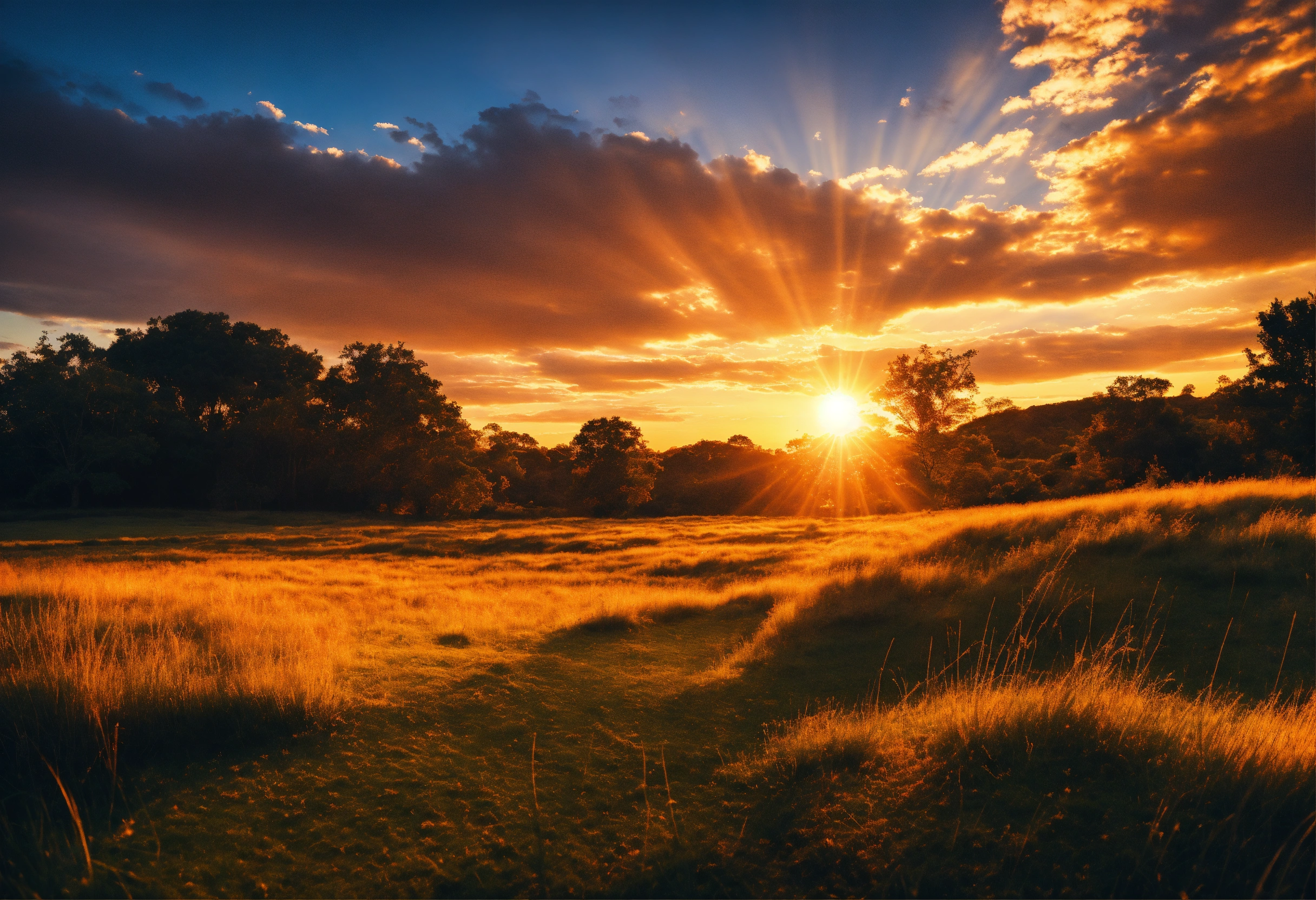 Lexica - View from the ground of a grassy landscape at sunset, light ...