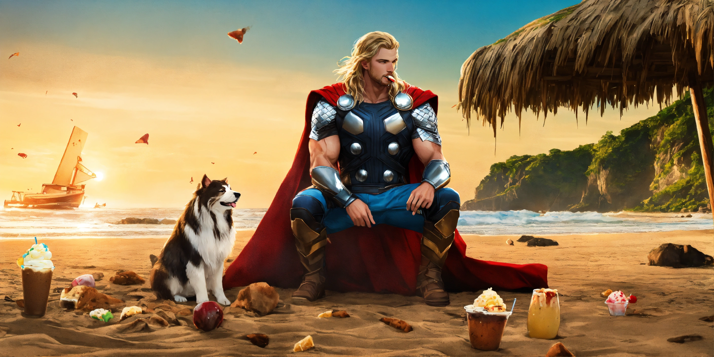 Lexica - Thor na praia, comendo sorvete e milkshake em 8k