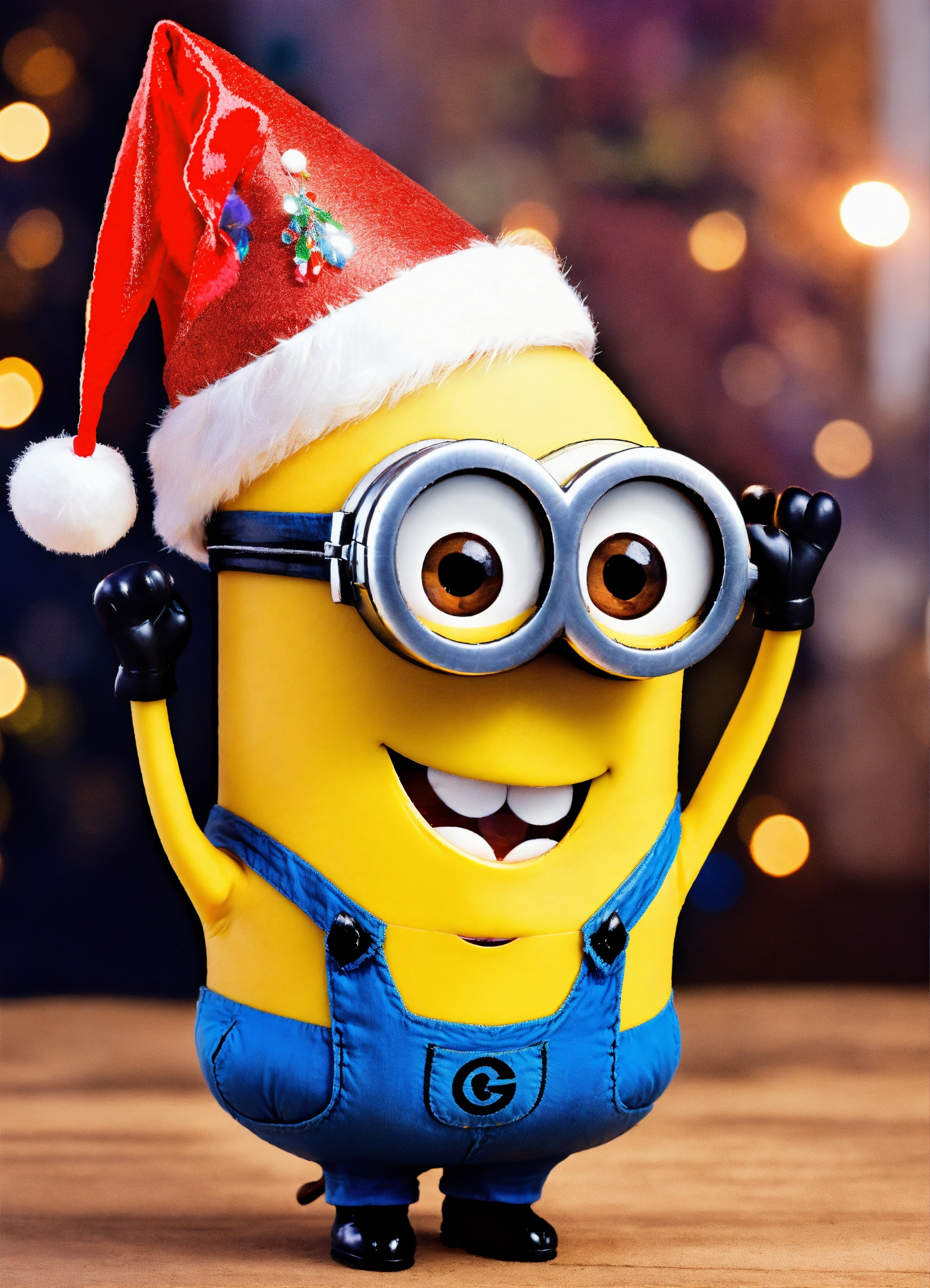 Lexica - A minion wearing a santa hat is jumping, in the style of dark ...