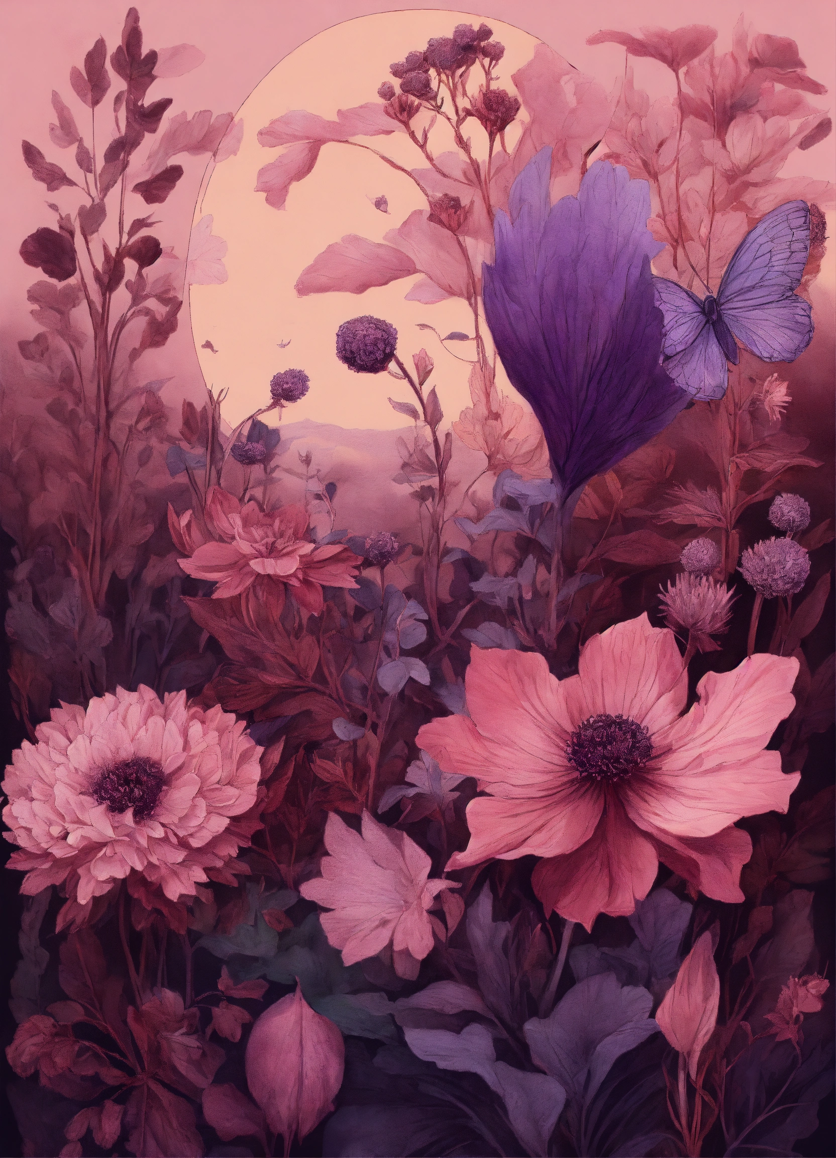 Lexica - Botanical drawing, muted pink and dark purple colors, european ...