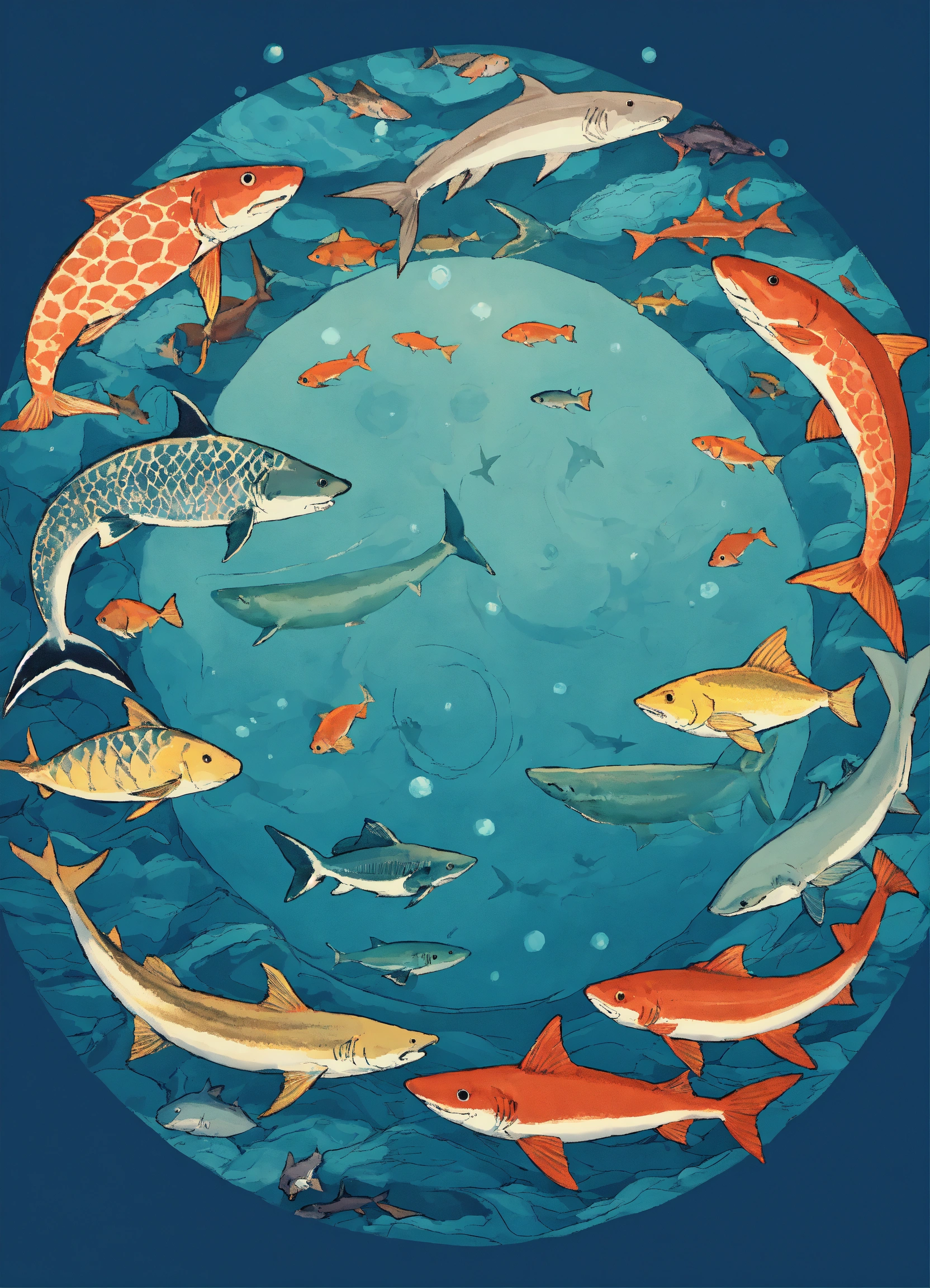 Lexica - Fishes and sharks swiming and forming a perfect circle ...