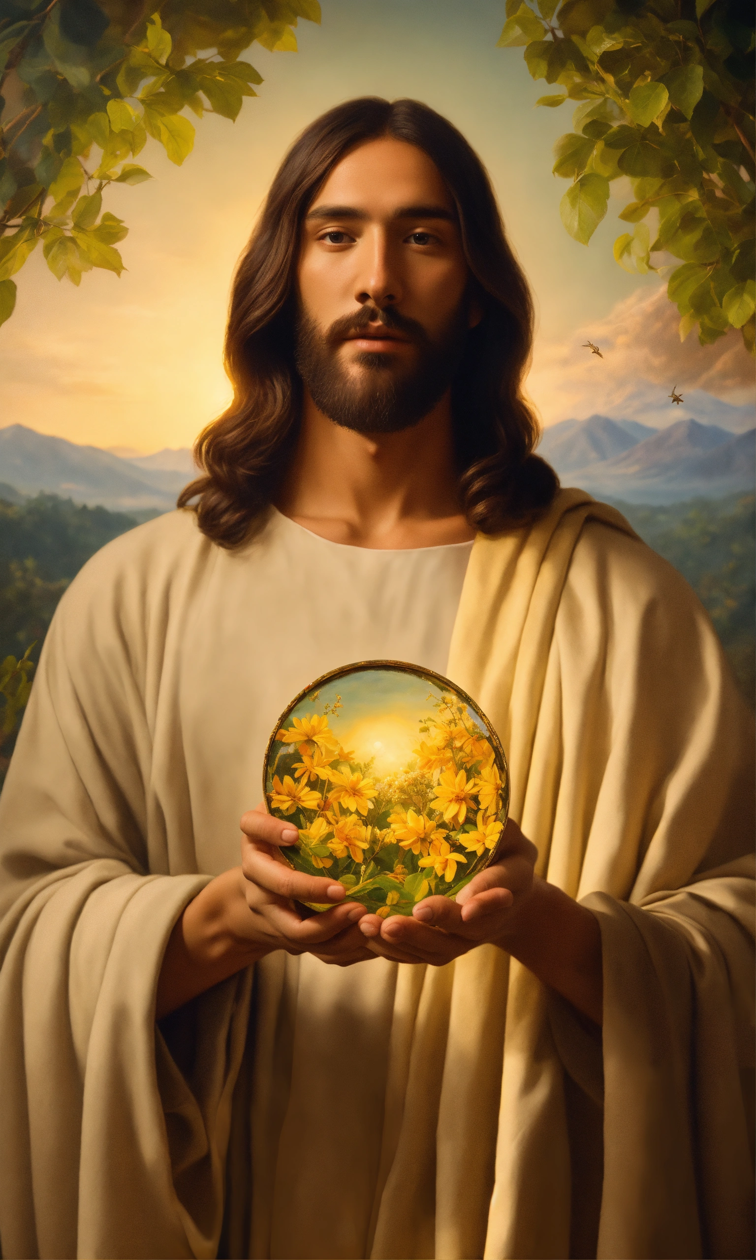 Lexica - Jesus holding a beautiful nature oil painting, surreal photo ...