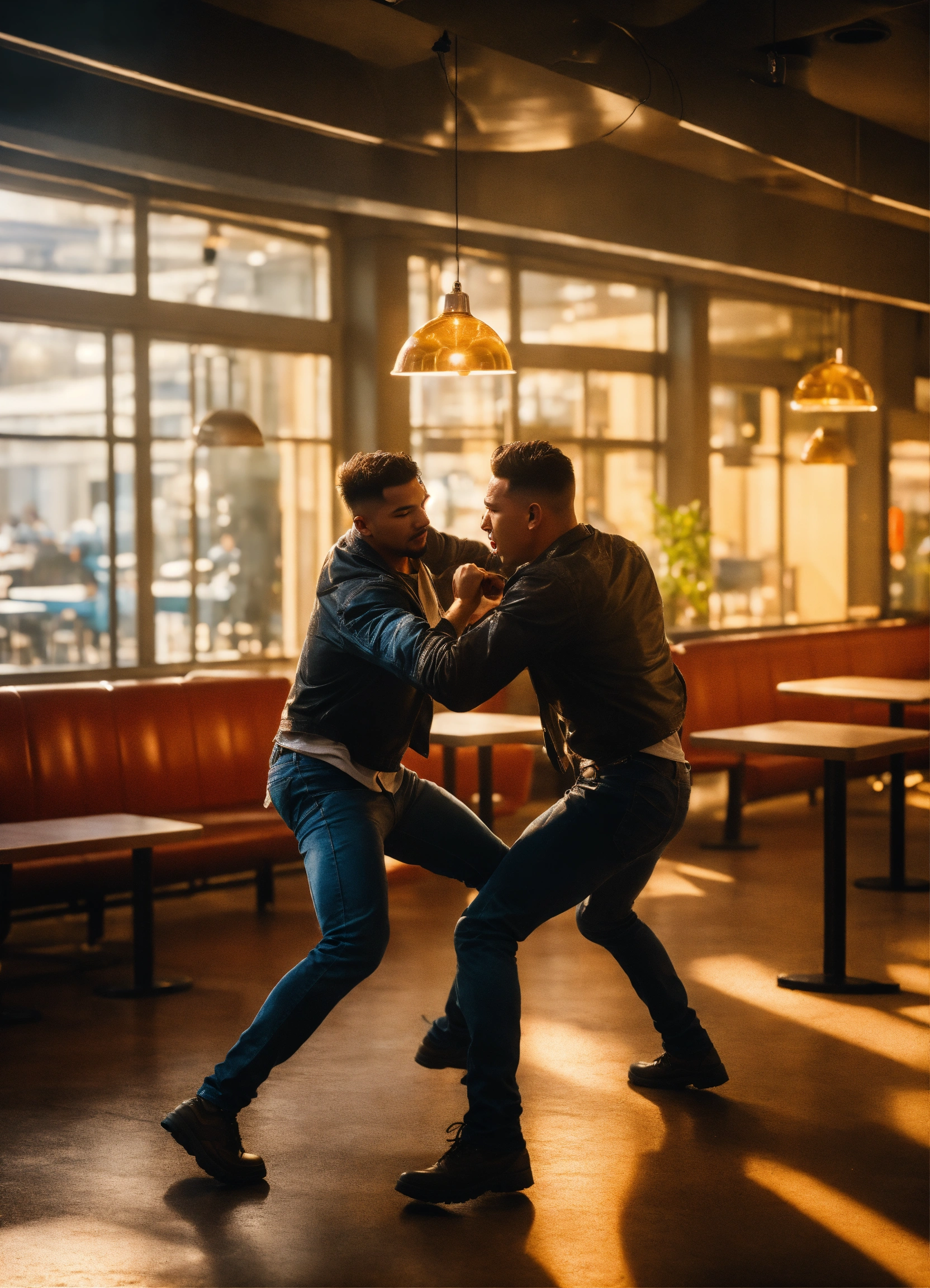 Lexica - Two men fighting each other in a cafeteria, surreal photo ...