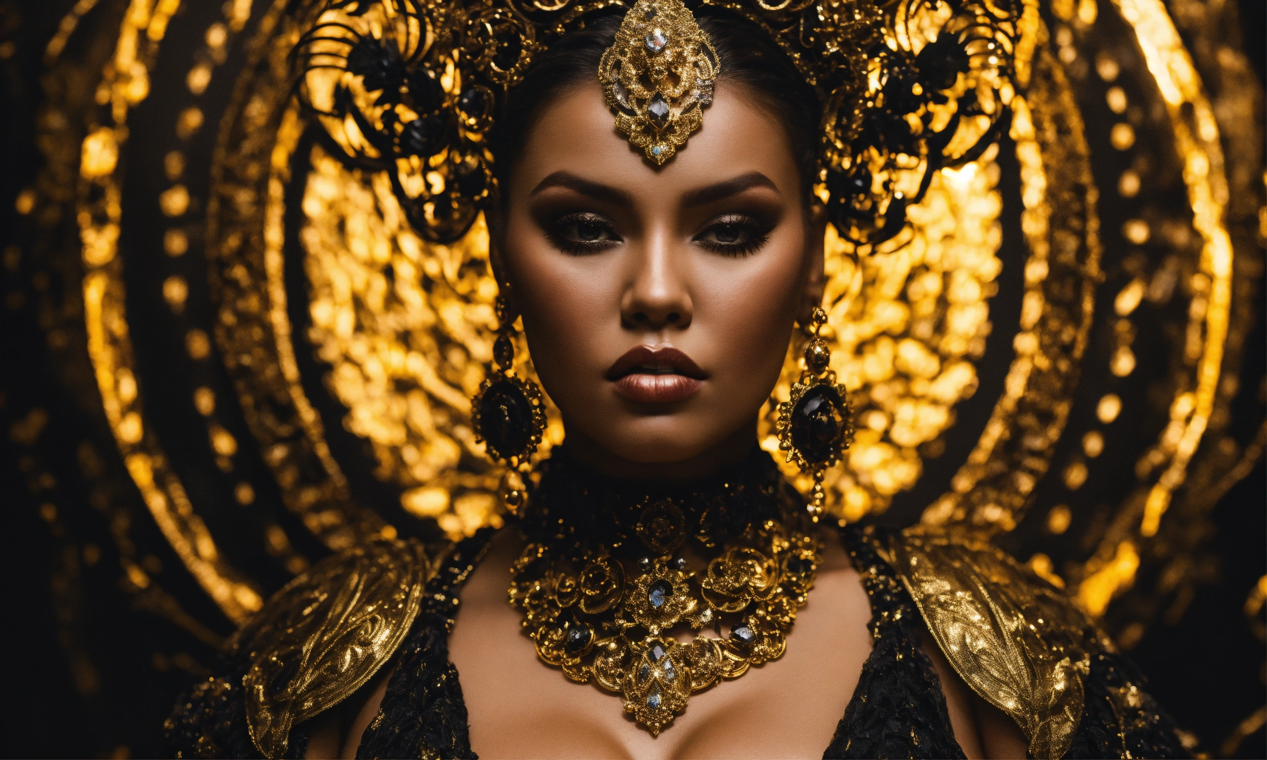 Lexica - Plus-size model hell goddess, black gold background