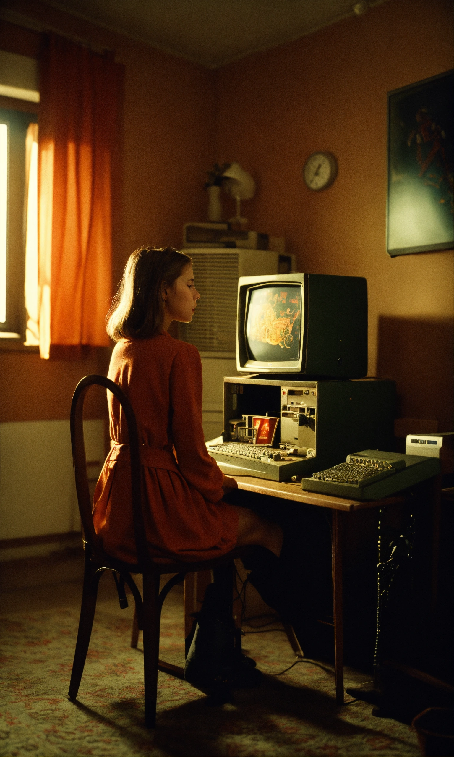 Lexica - A Soviet girl sitting in a chair in front of a soviet computer ...