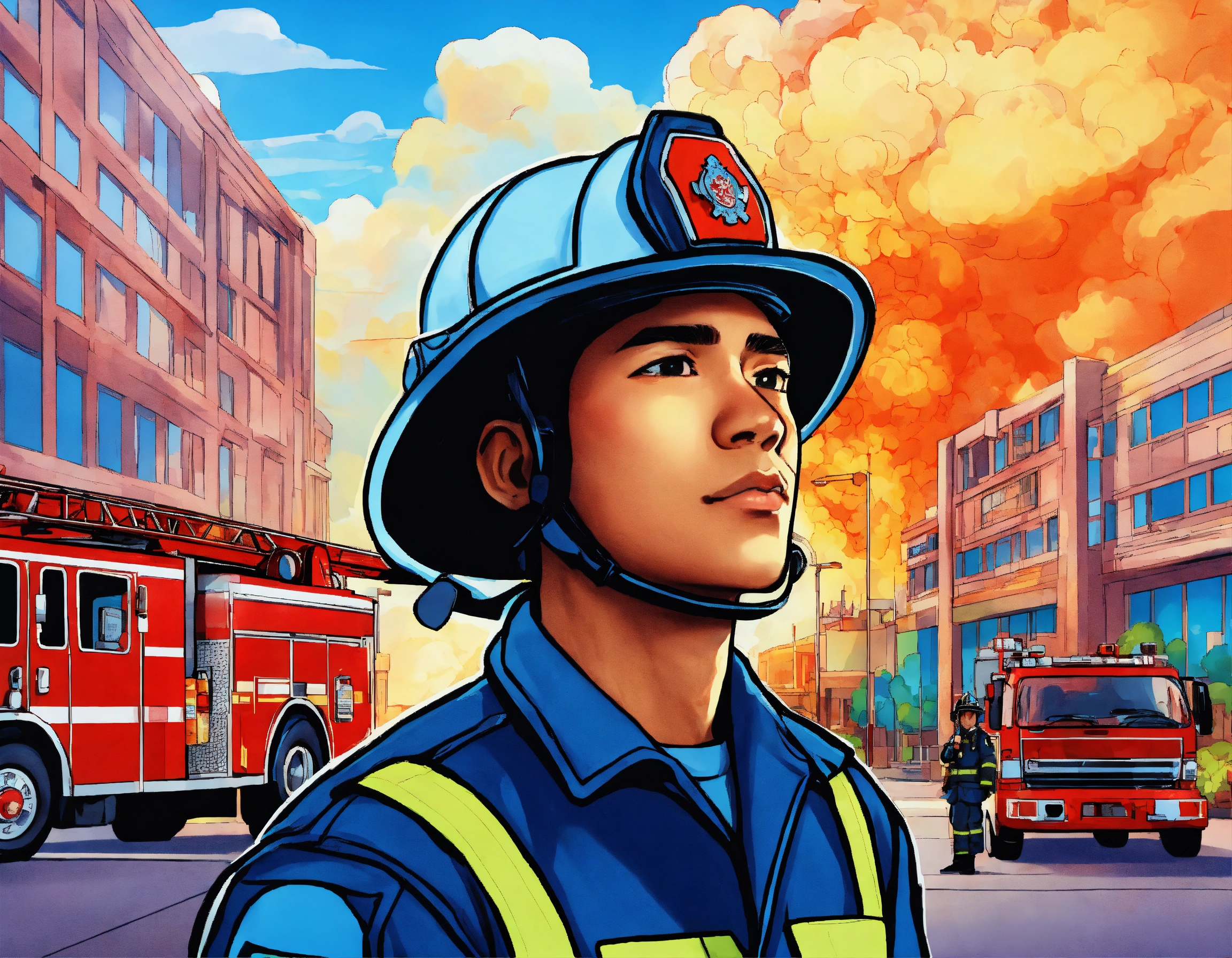 Lexica - A firefighter, Indonesian face, background in front of fire ...