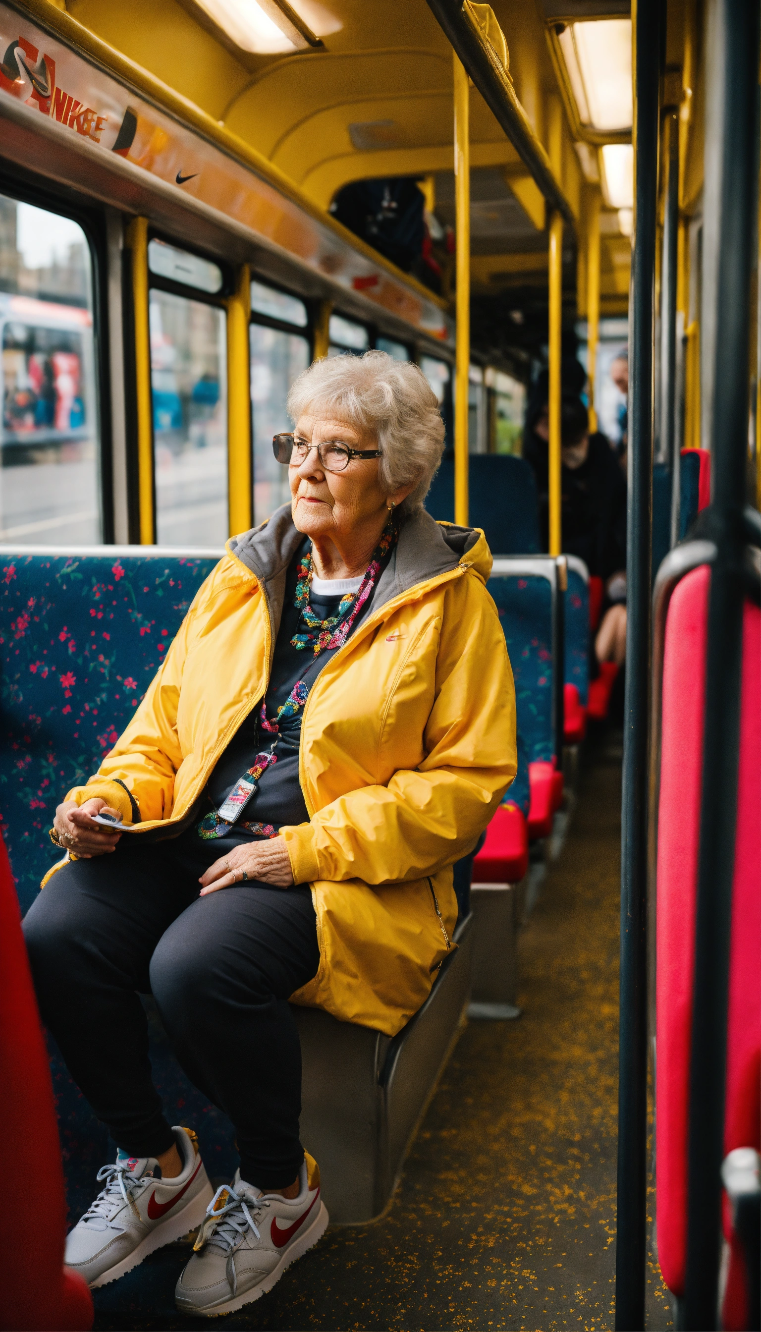 Lexica - British grandma, aged 70, she is sat on a bus, she is sat next ...