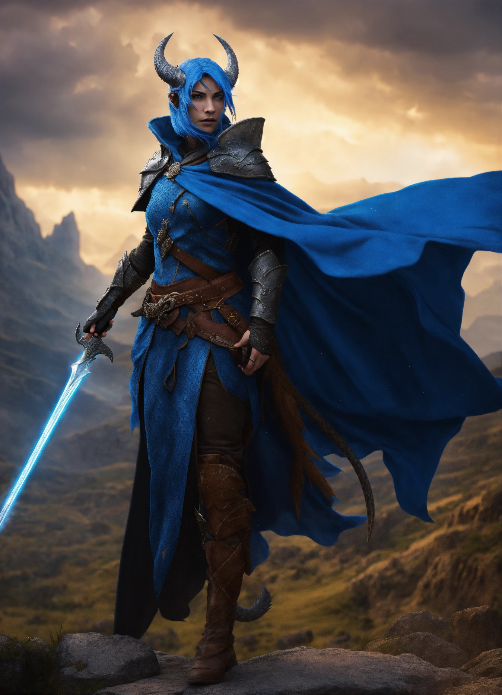 Lexica - Female-Dragonborn blue scales, with a tail, wielding a glaive ...