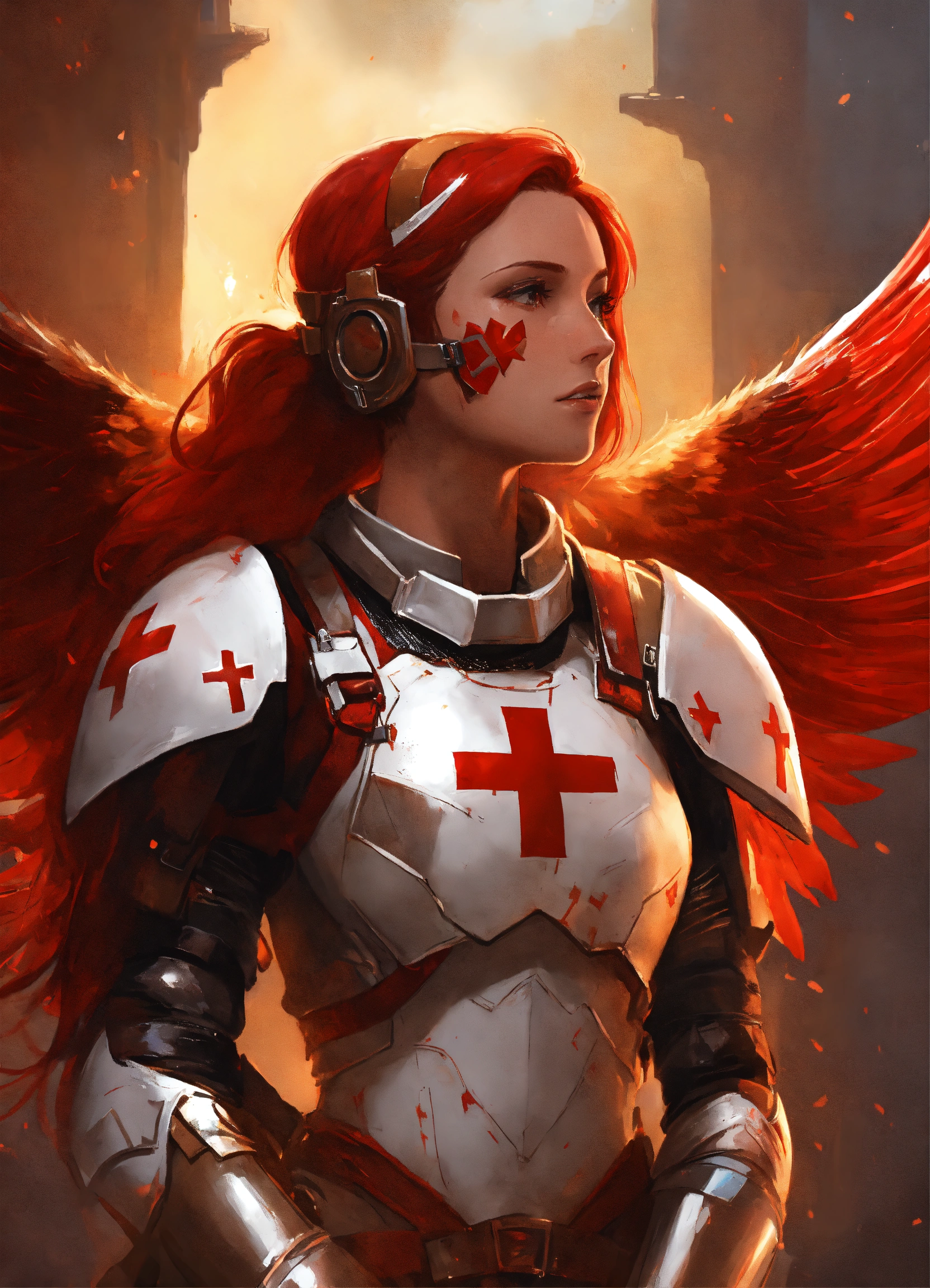 Lexica - Female athletic red hair wearing white metal armor with red ...