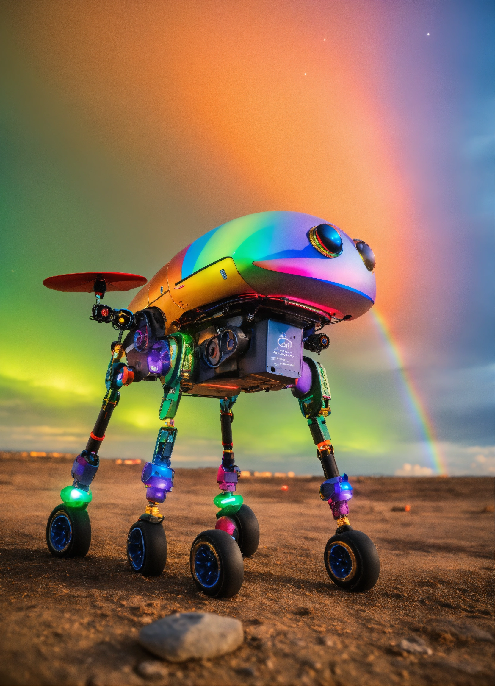 Lexica - Ultra realistic friendly flying robot named Steve, rainbow colored
