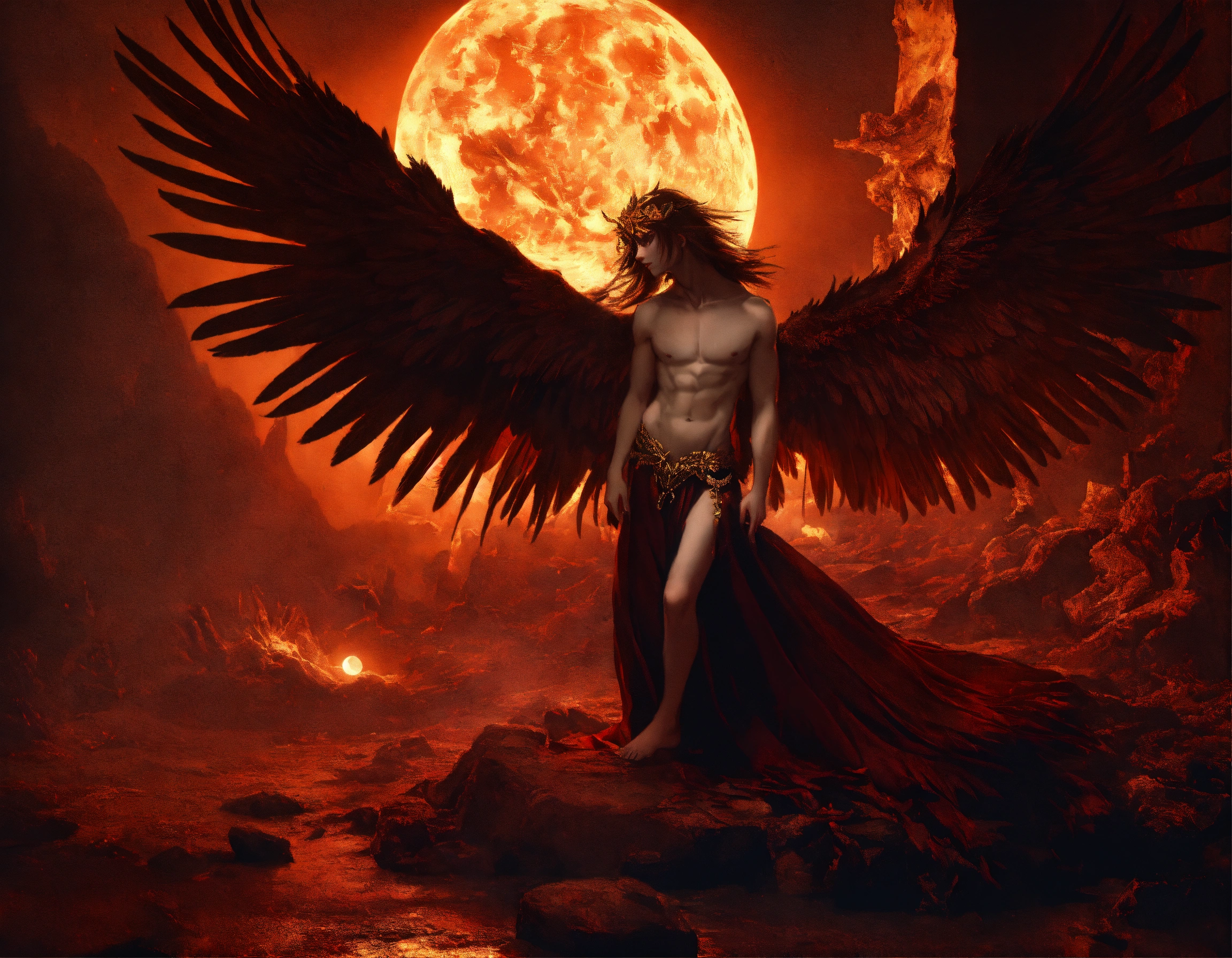 Lexica - Tempted fallen angel with feathered wings in Hell, illuminated ...