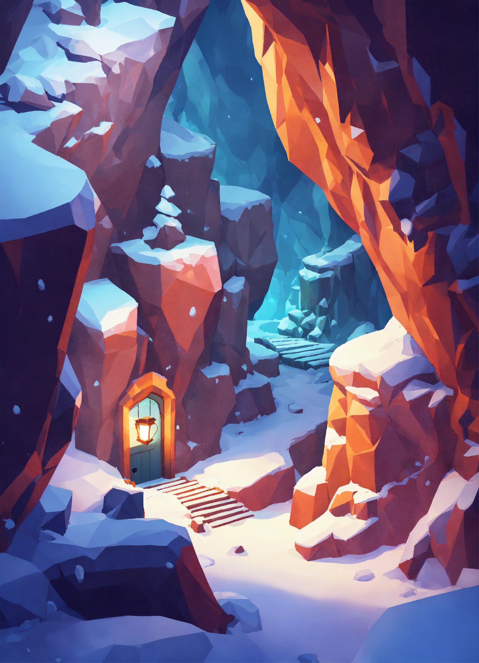 Lexica - Snowy cavern, platformer game, low poly, concept art