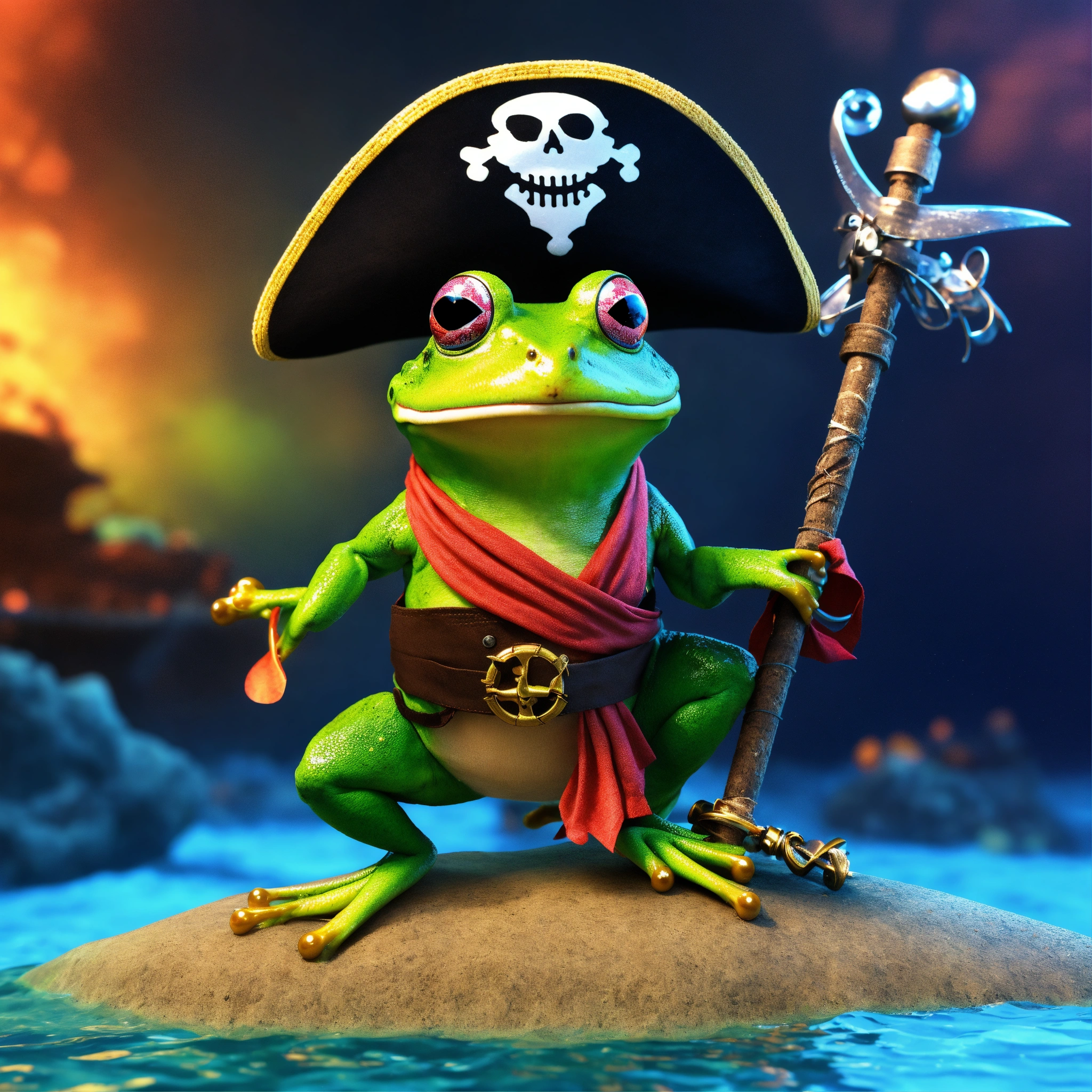 Lexica - Pirate frog, wearing a pirate hat, holding a pirate flag ...