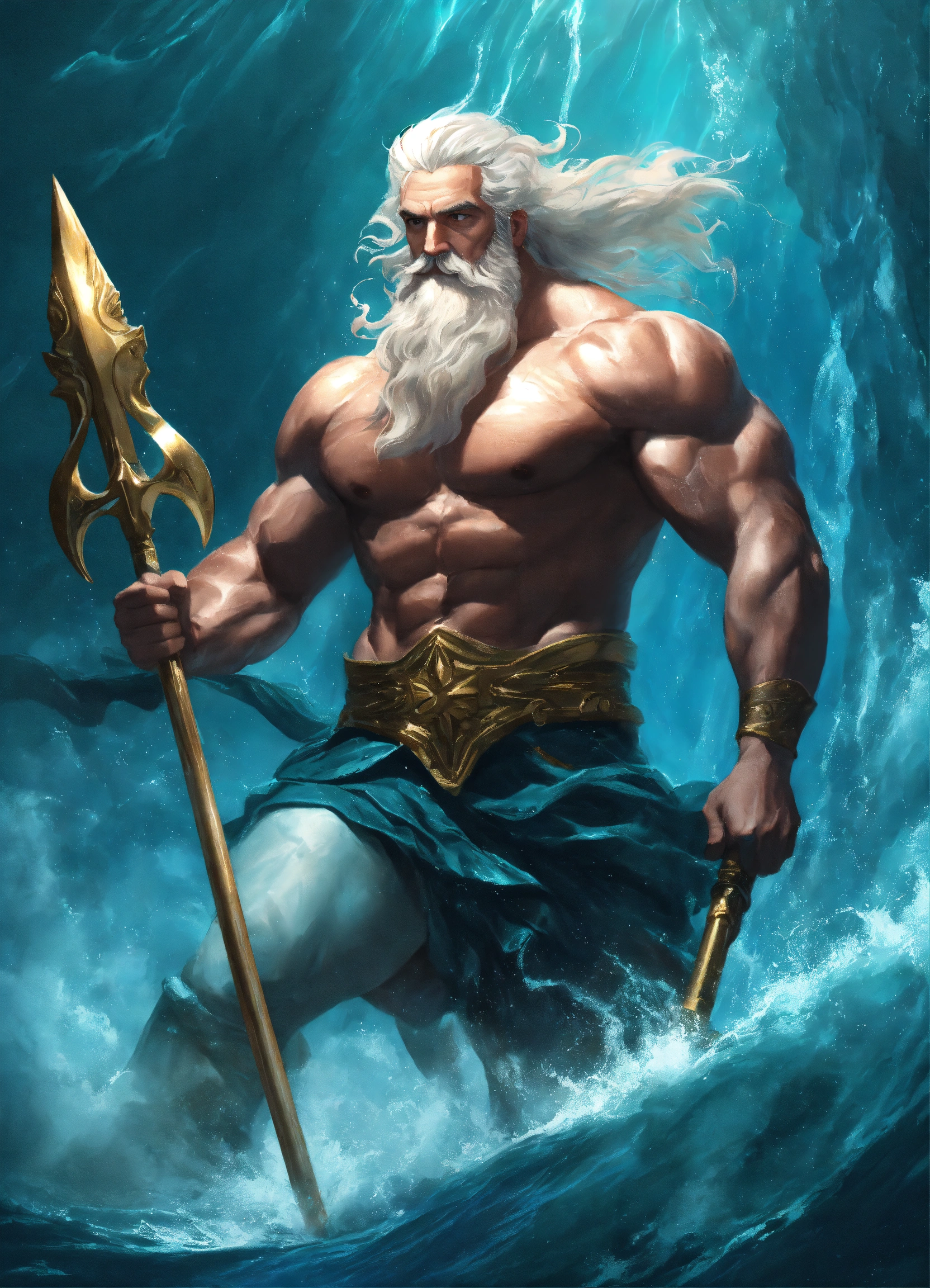 Lexica - God Poseidon emerging from a raging hip-deep sea, harpooning ...