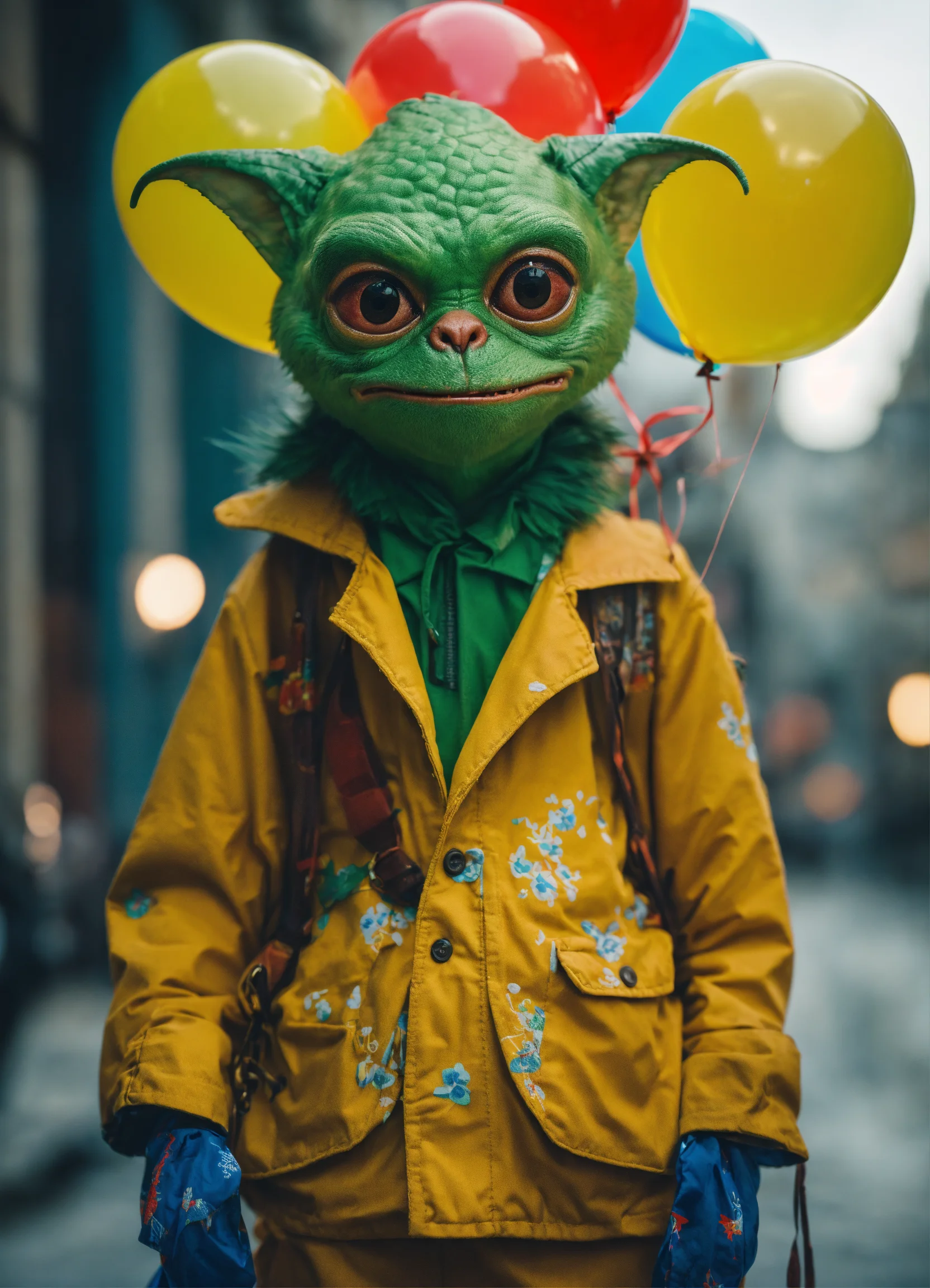 Lexica - Medium close-up, Leica portrait of a gremlin holding balloons ...