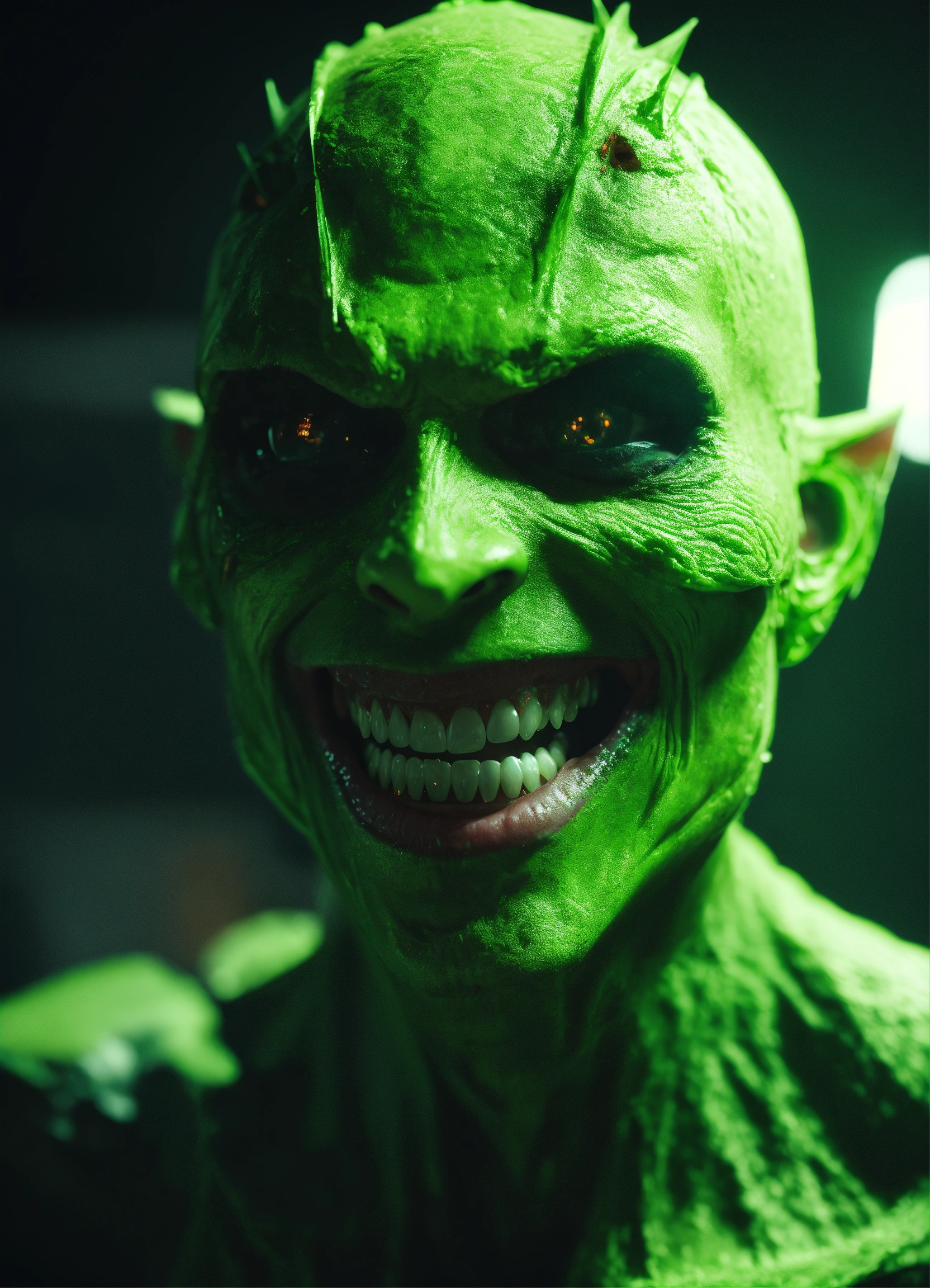Lexica - Green skin Man standing in a dark room, smiling sadistically ...