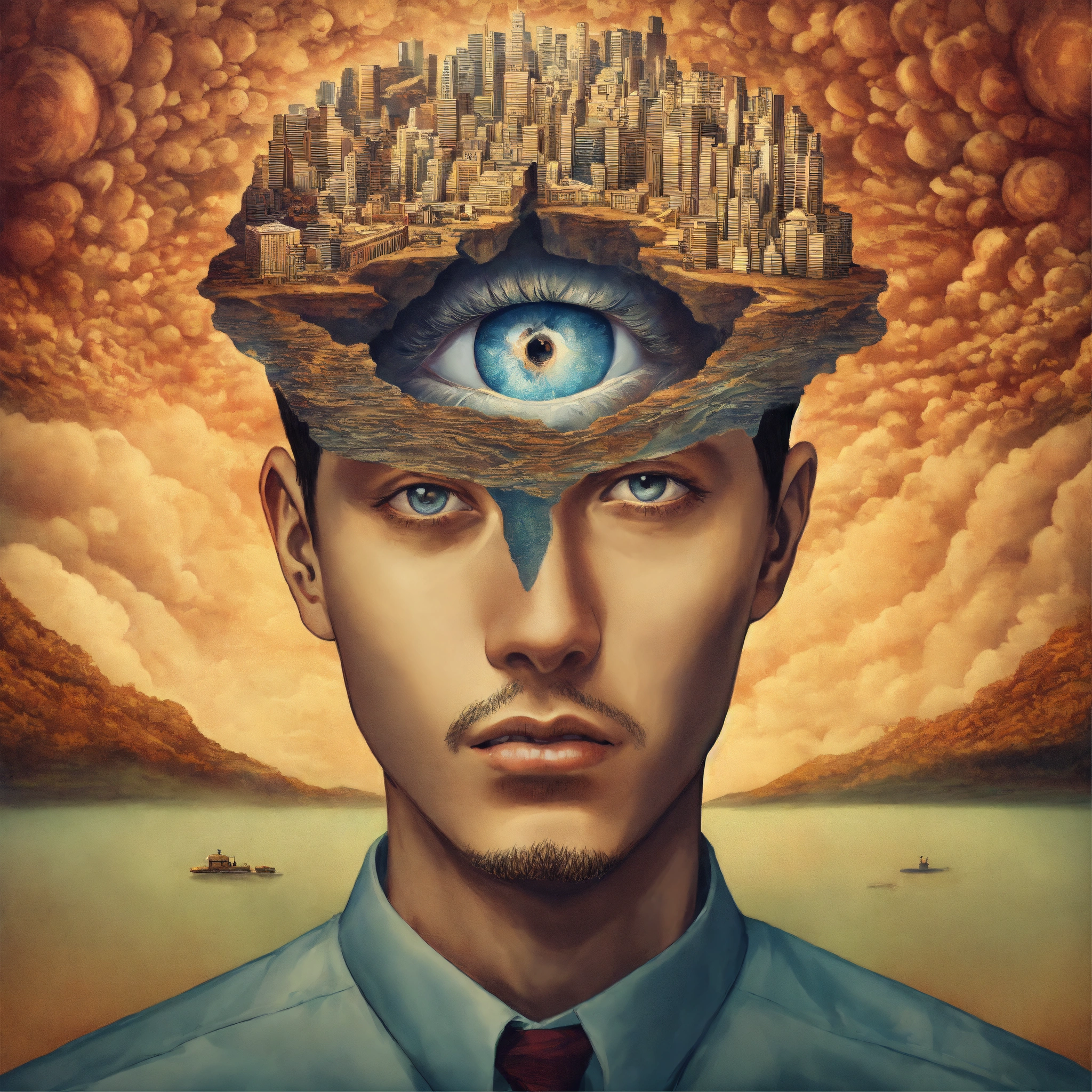 Lexica - Illustration of a man inside a human head looking out through ...