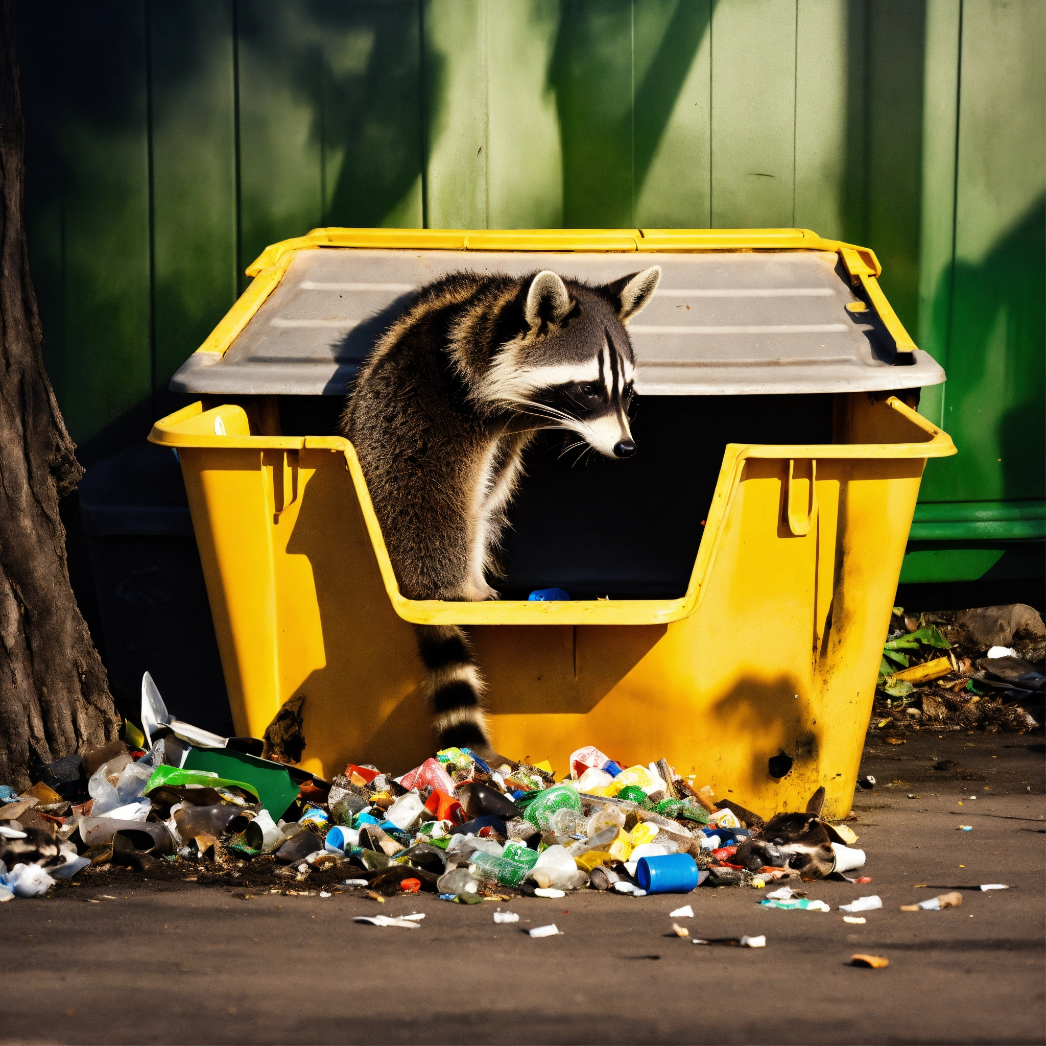Lexica - A photograph of a raccoon digging through a recycling bin ...