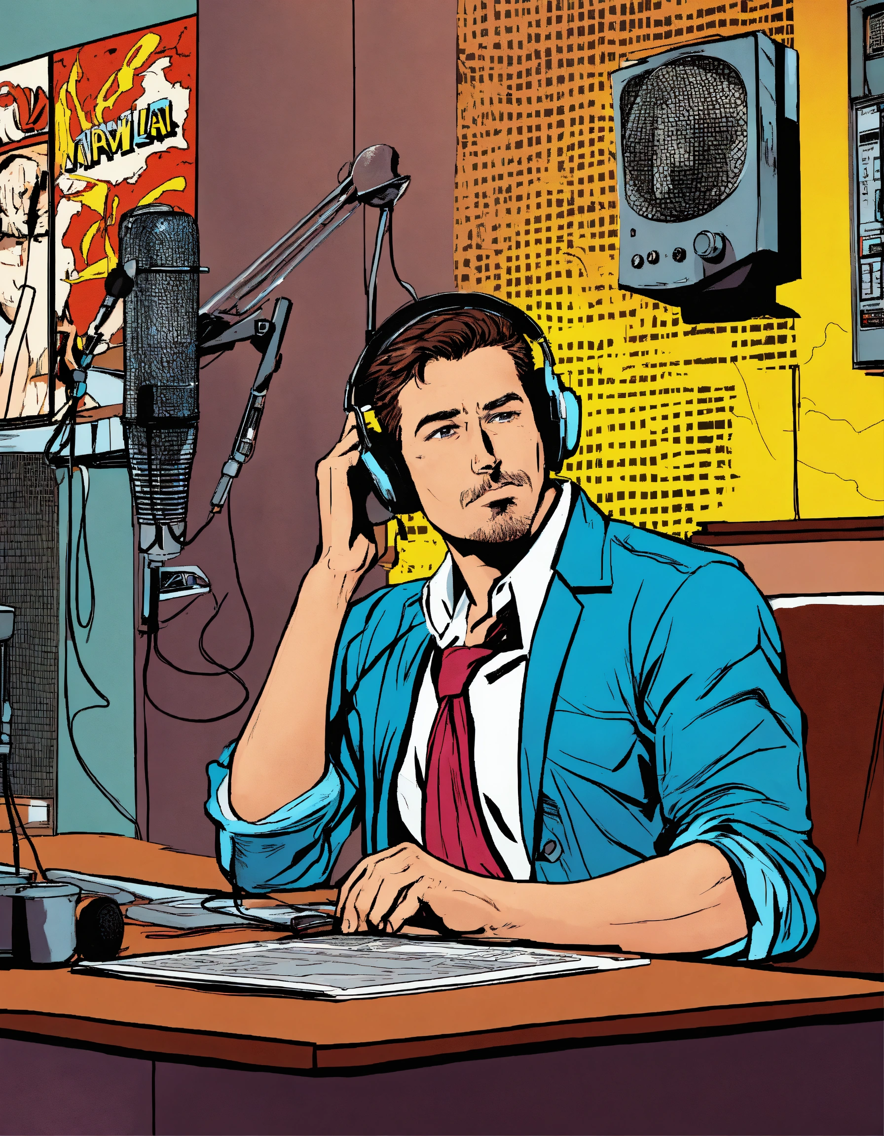 Lexica - A really bored radio host in the studio, comic book style