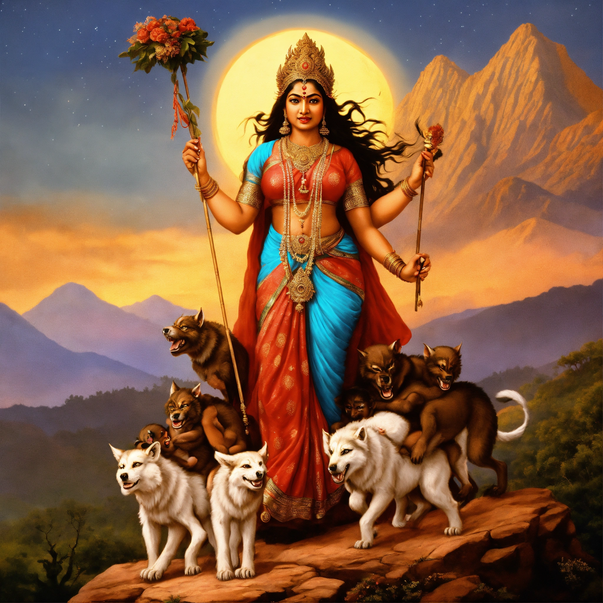 Lexica - Durga as Hindu goddess carrying orc babies in hills, empress ...
