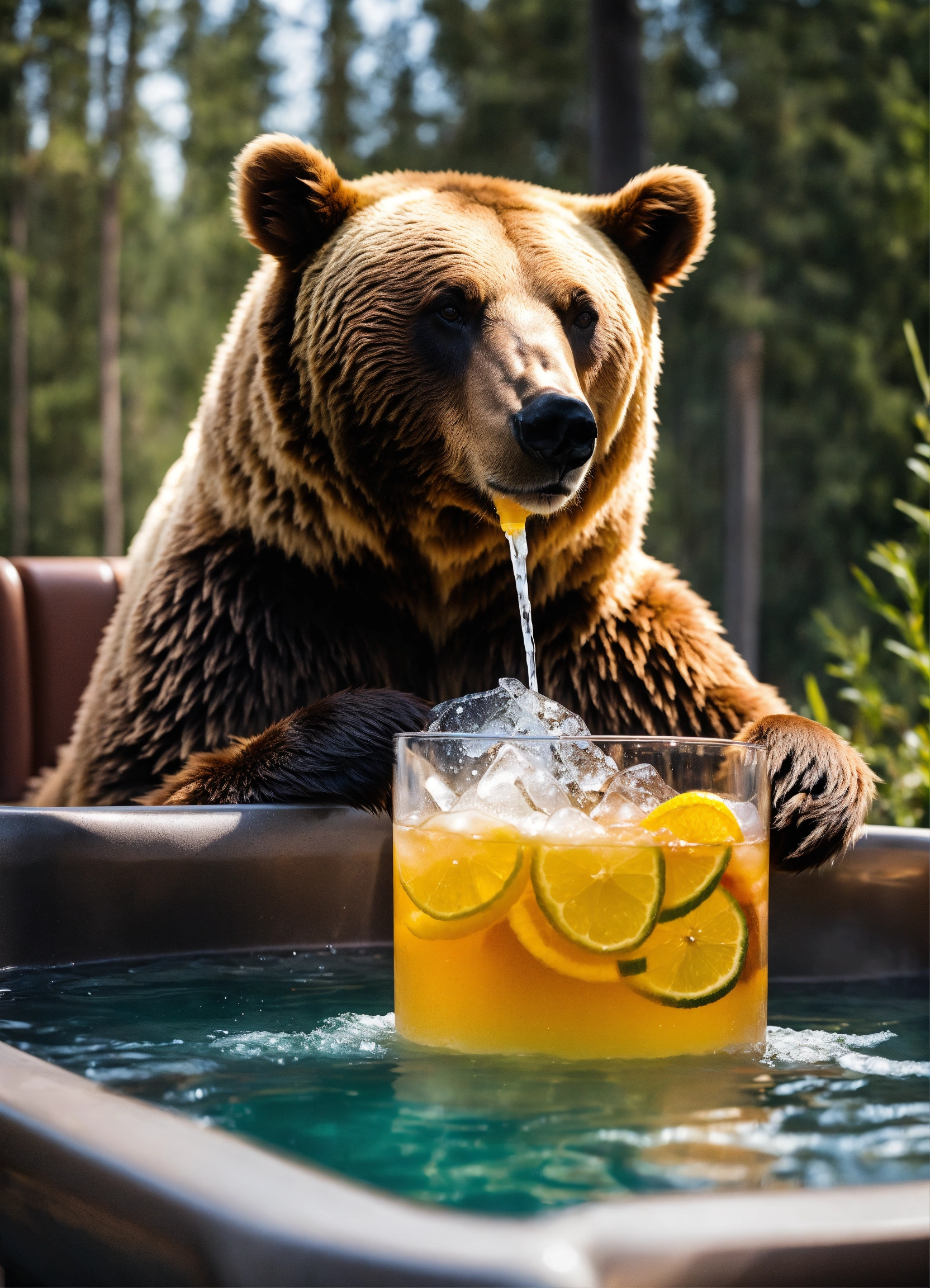 Lexica - A bear in a hot tub drinking a cocktail out of a tube.