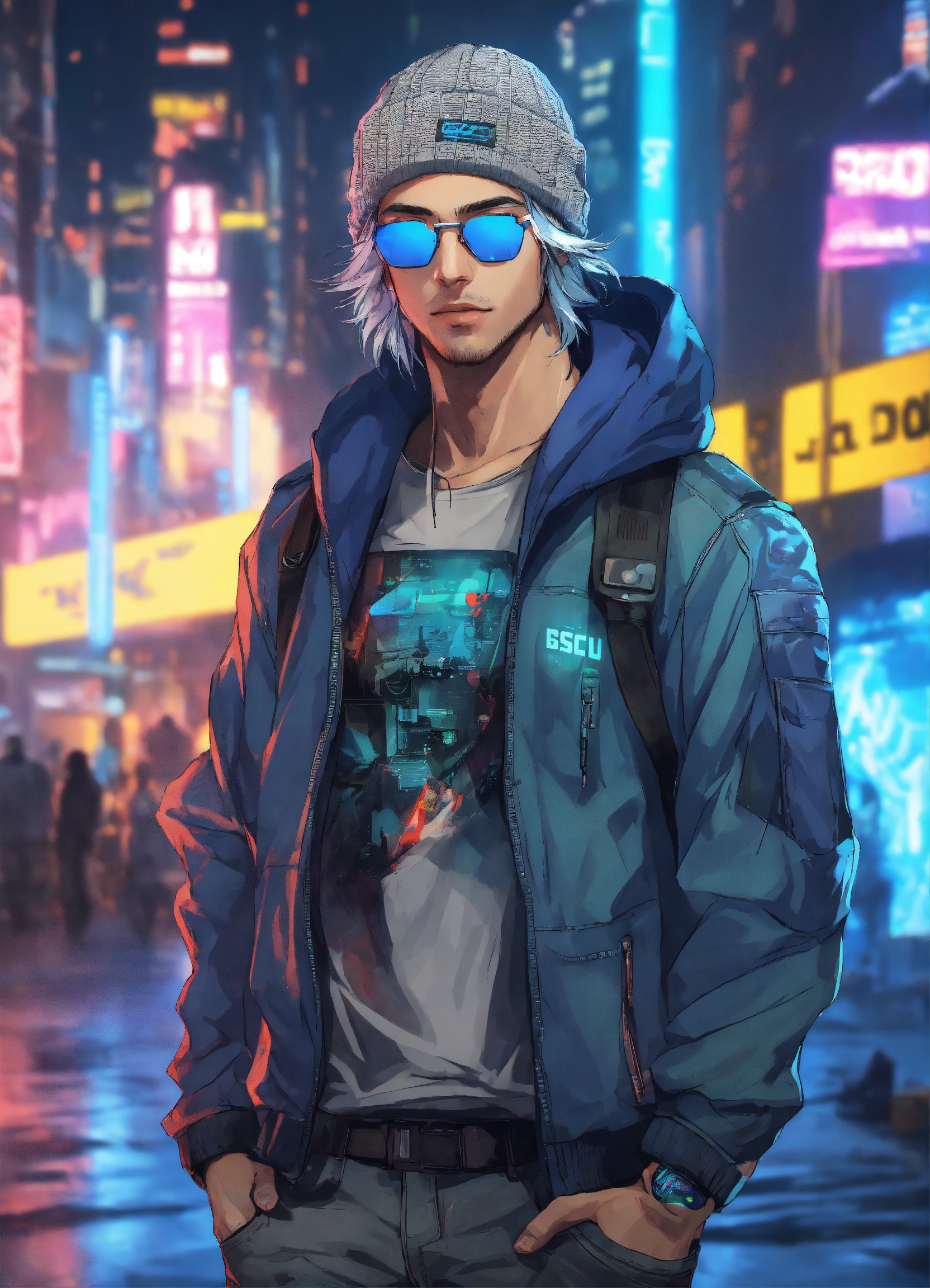Lexica - Cute male cyberpunk hacker, holding blue colored glasses, in a ...