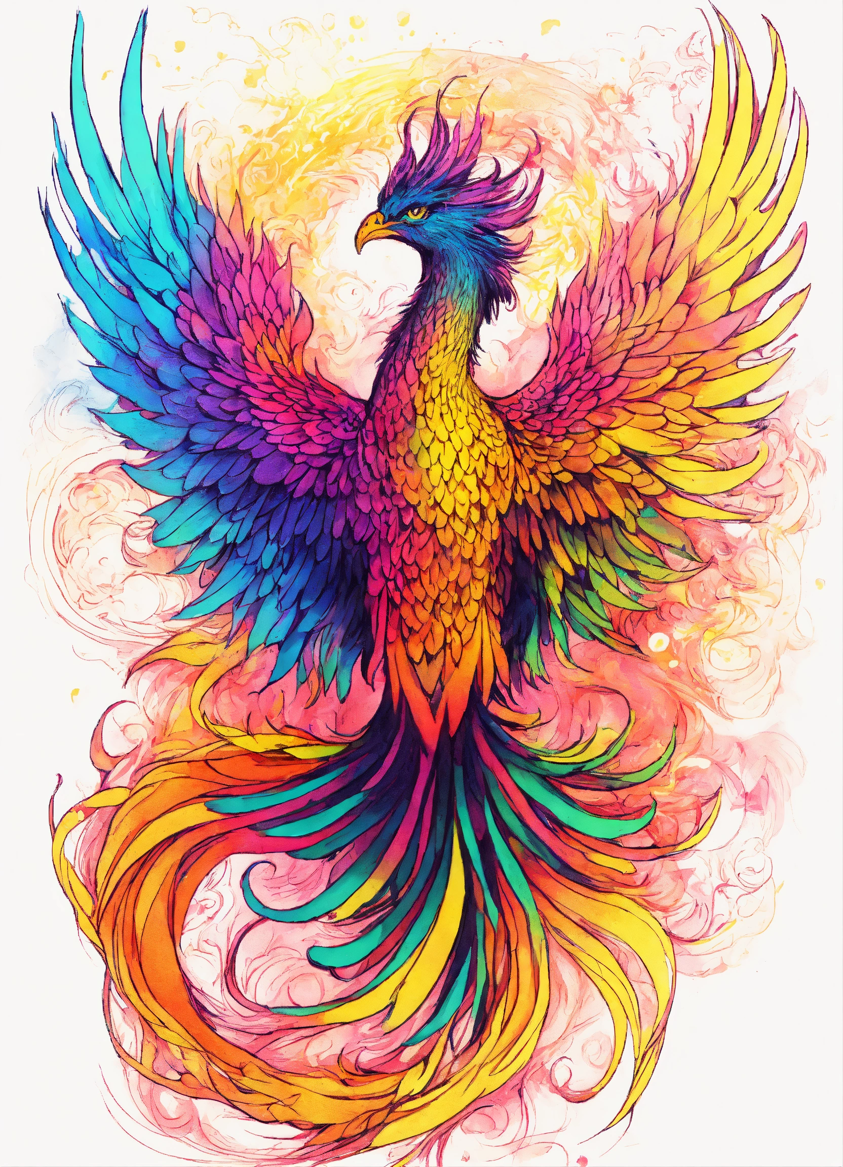 Lexica - INK DRAWING MYSTICAL and magical phoenix in fluo colour blend ...