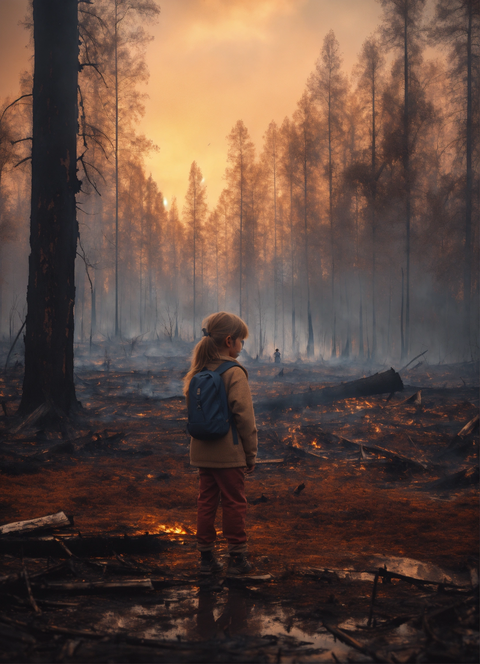 Lexica - A sad childern standing in front of a burnt down forest, stunning details, scketch 8k