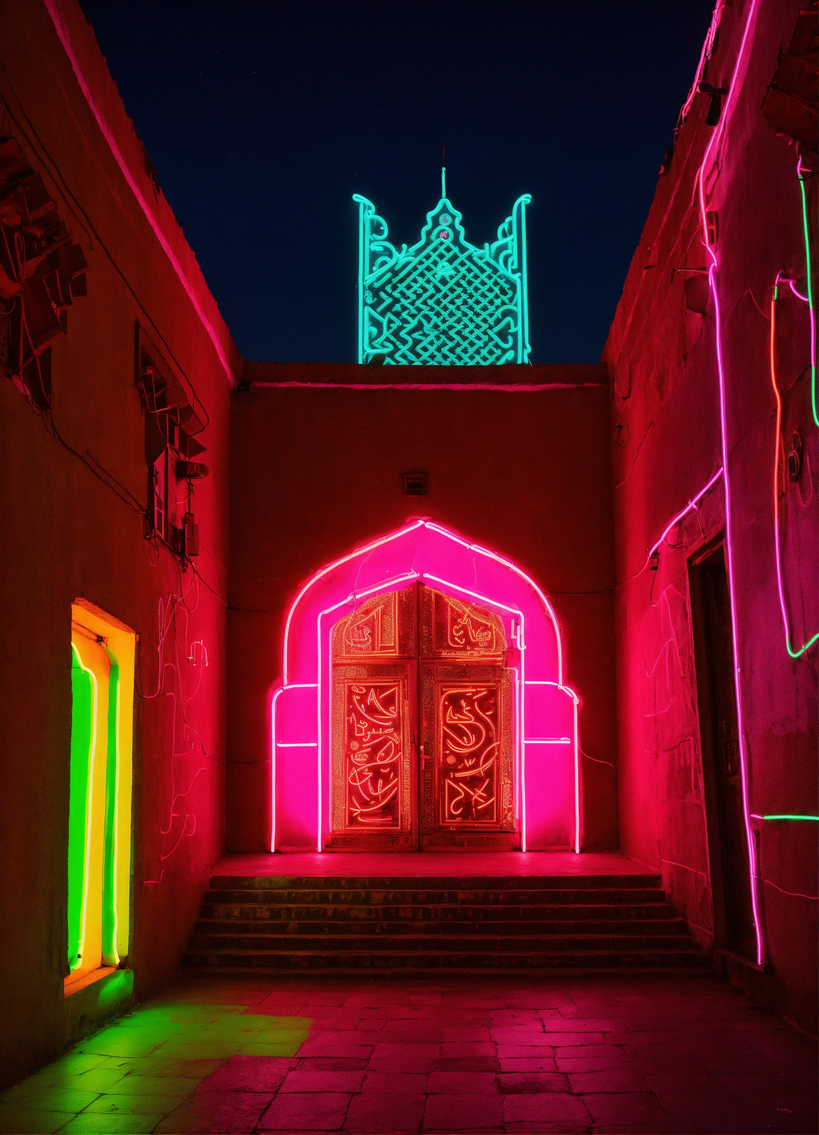 Lexica - Saudi shapes neon lights on an esorts venue wall, Arabian pop ...